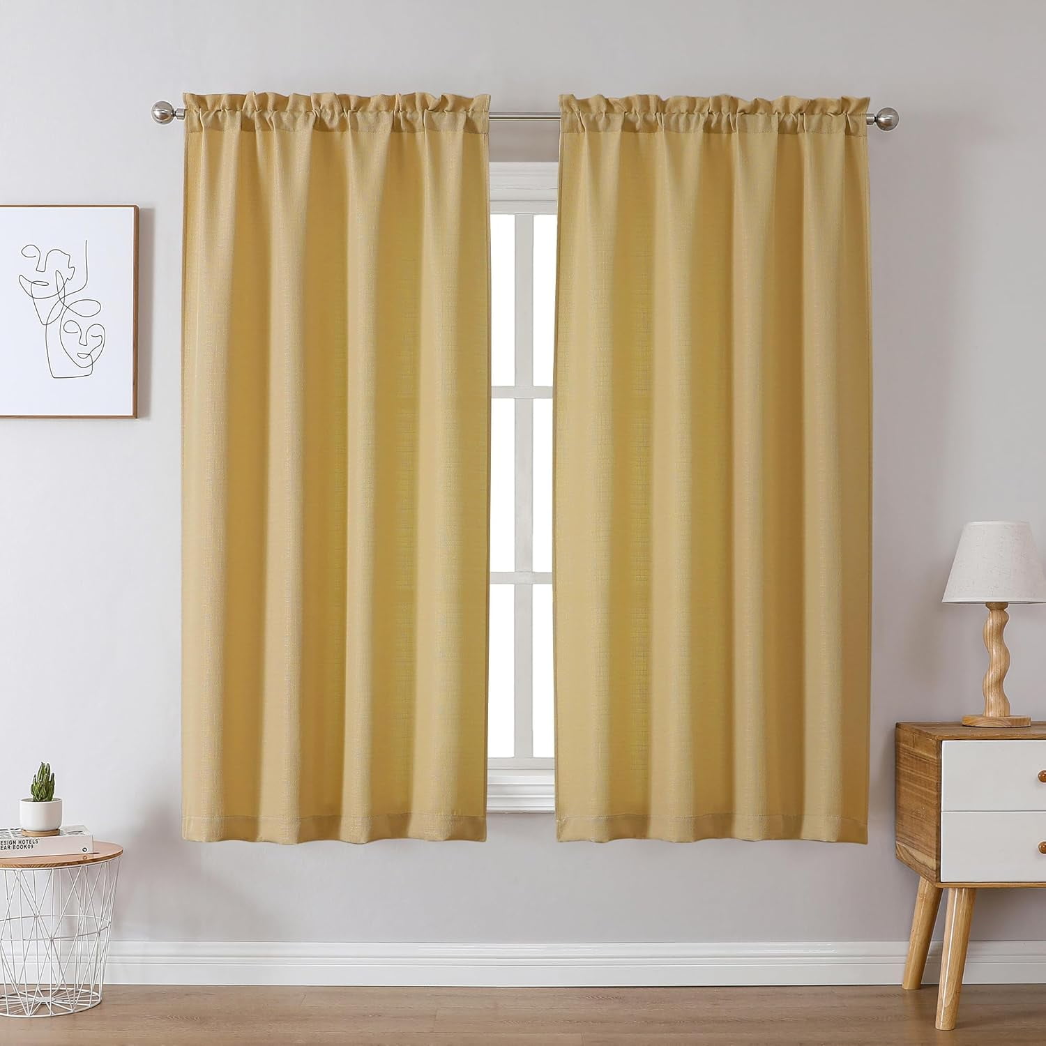 EDASCV-Gold Curtains 63 Inch Length 2 Panels, Faux Linen Textured Semi ...