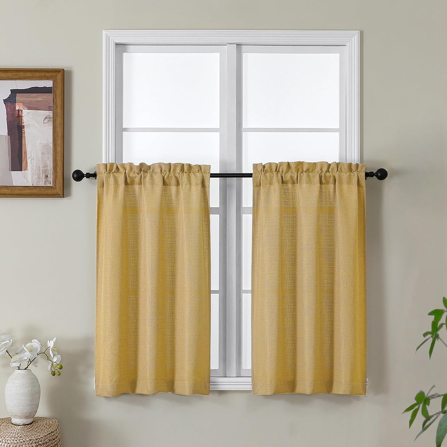 EDASCV-Gold Kitchen Curtains 36 Inch Length, Light Filtering Faux Linen ...
