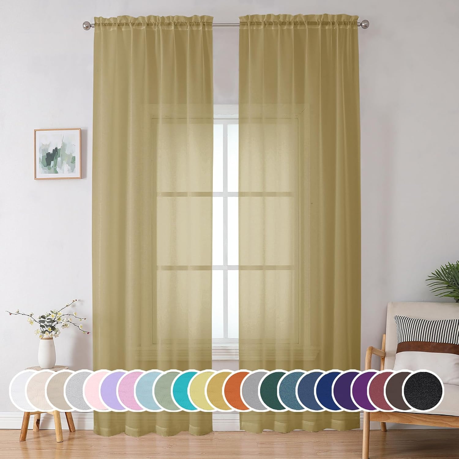 EDASCV-Gold Sheer Curtain 96 Inch Long 2 Panels Set, Light Filtering ...