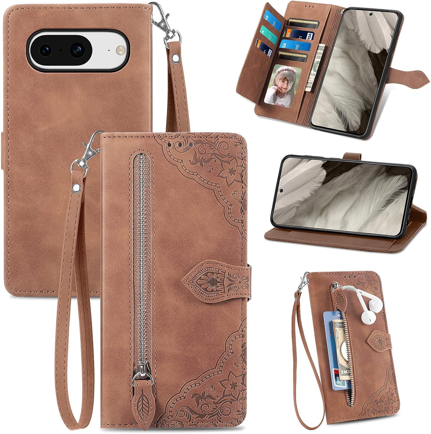 EDASCV-Google Pixel 8 Wallet Case Zipper Pocket with Card Holder Slot ...