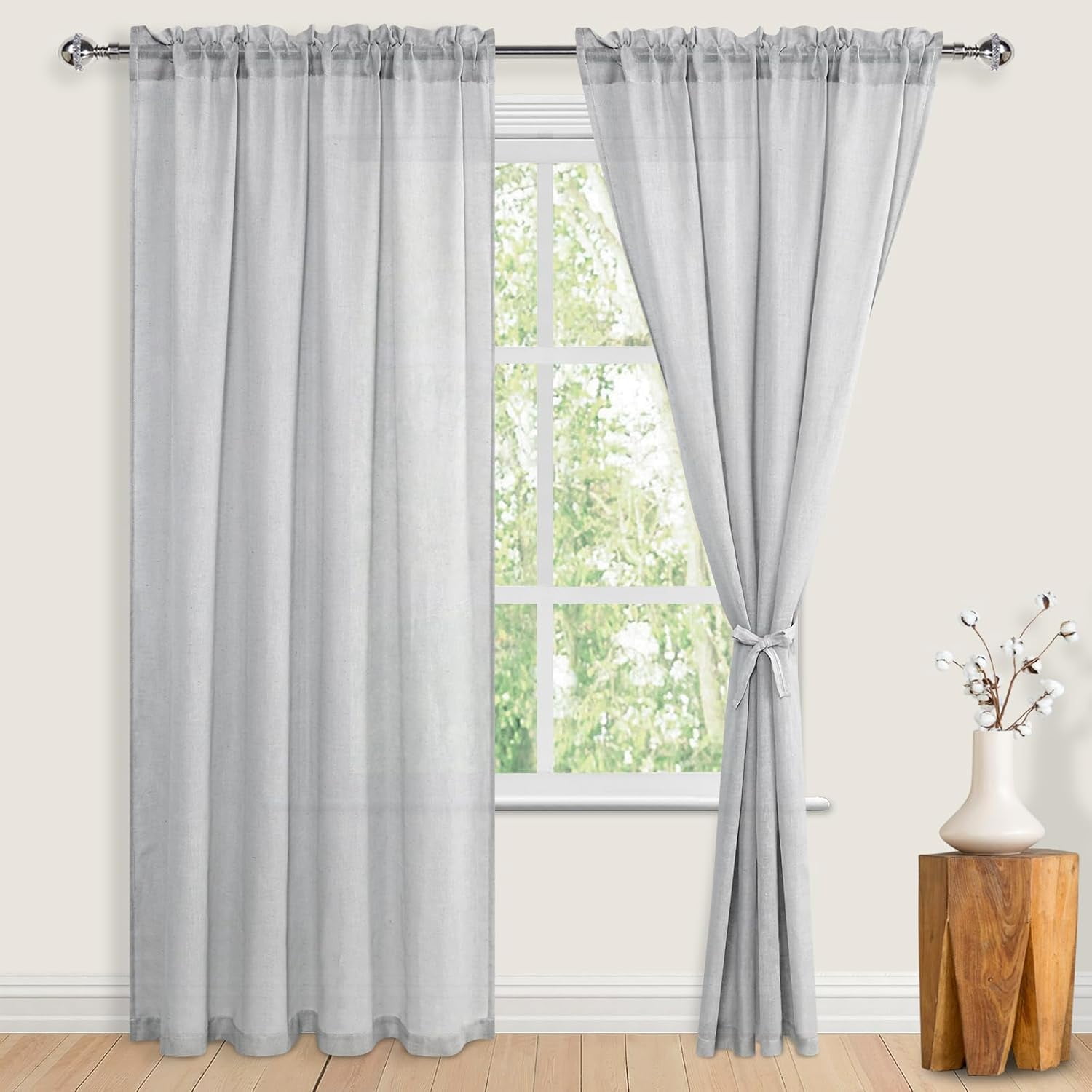 EDASCV-Grey Linen Sheer Curtains 84 inch Length 2 Panels Set with ...