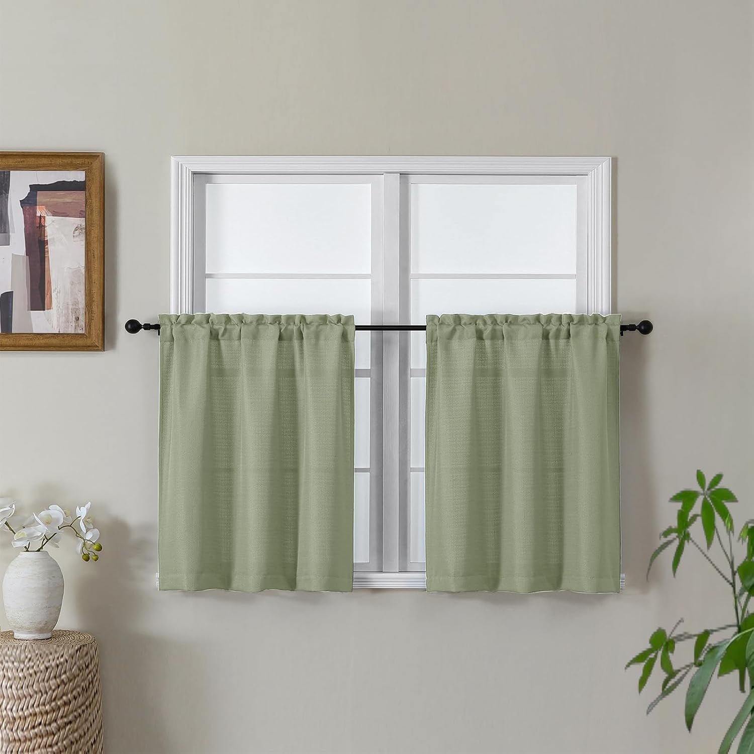 EDASCV-Light Green Short Curtains 2 Panels Set, Light Filtering Faux ...