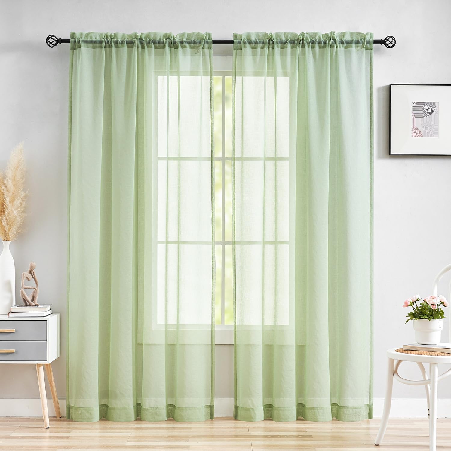 EDASCV-Sage Green Sheer Curtains 84 Inches Long, Rod Pocket Sheer ...