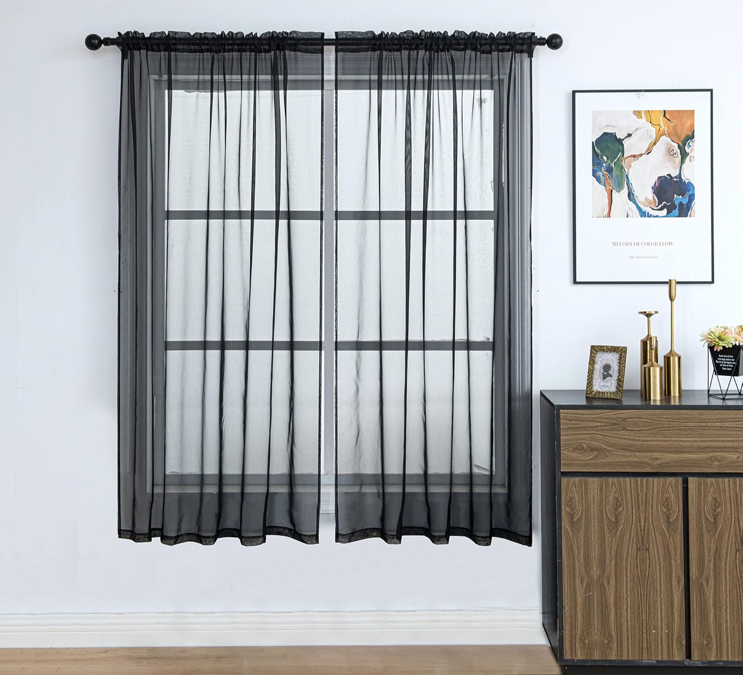 EDASCV-Sheer Black Curtains 63 inches Long,Soft Voile Window Treatment ...