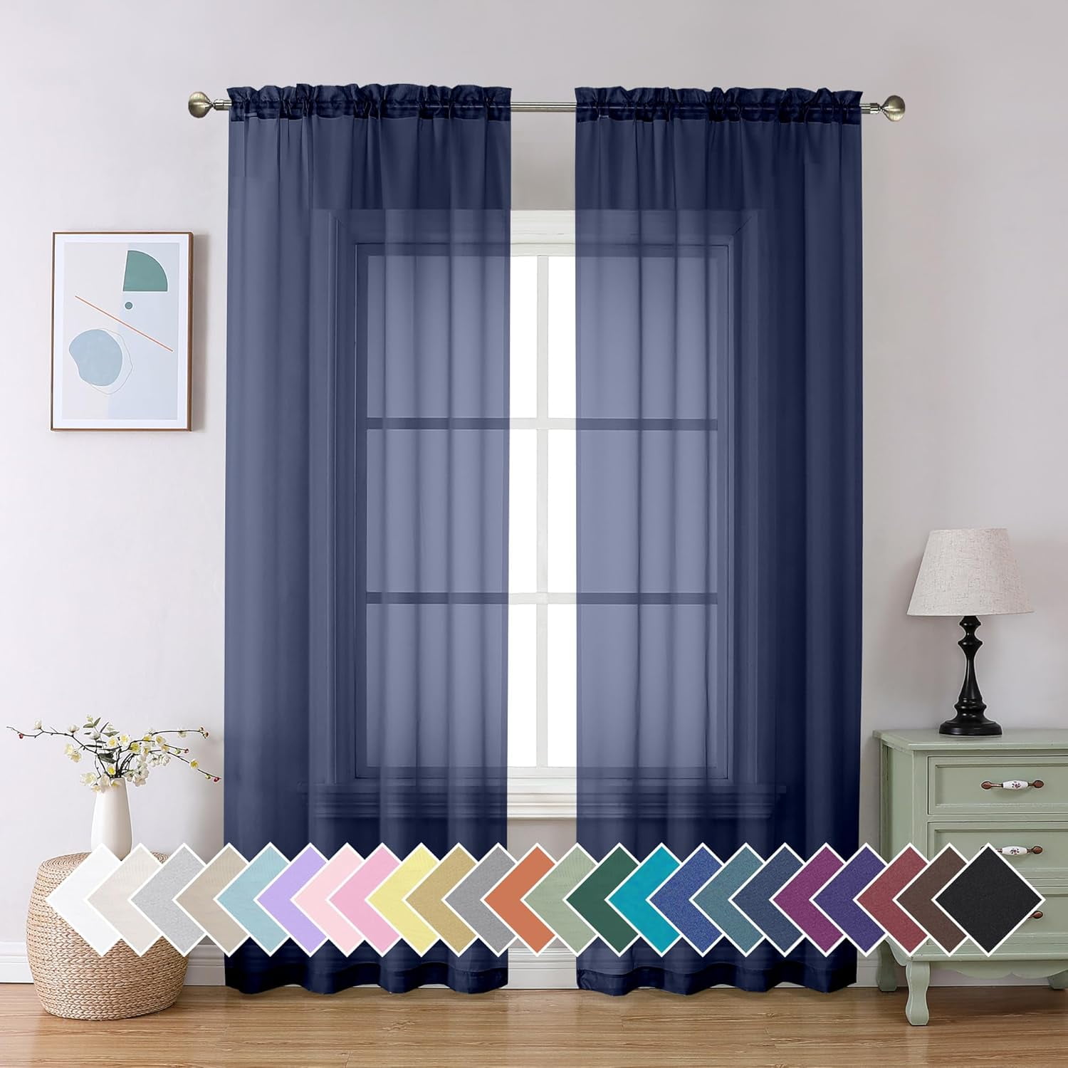 EDASCV-Sheer Navy Blue Curtains 84 inch Length 2 Panels Set, Airy Soft ...