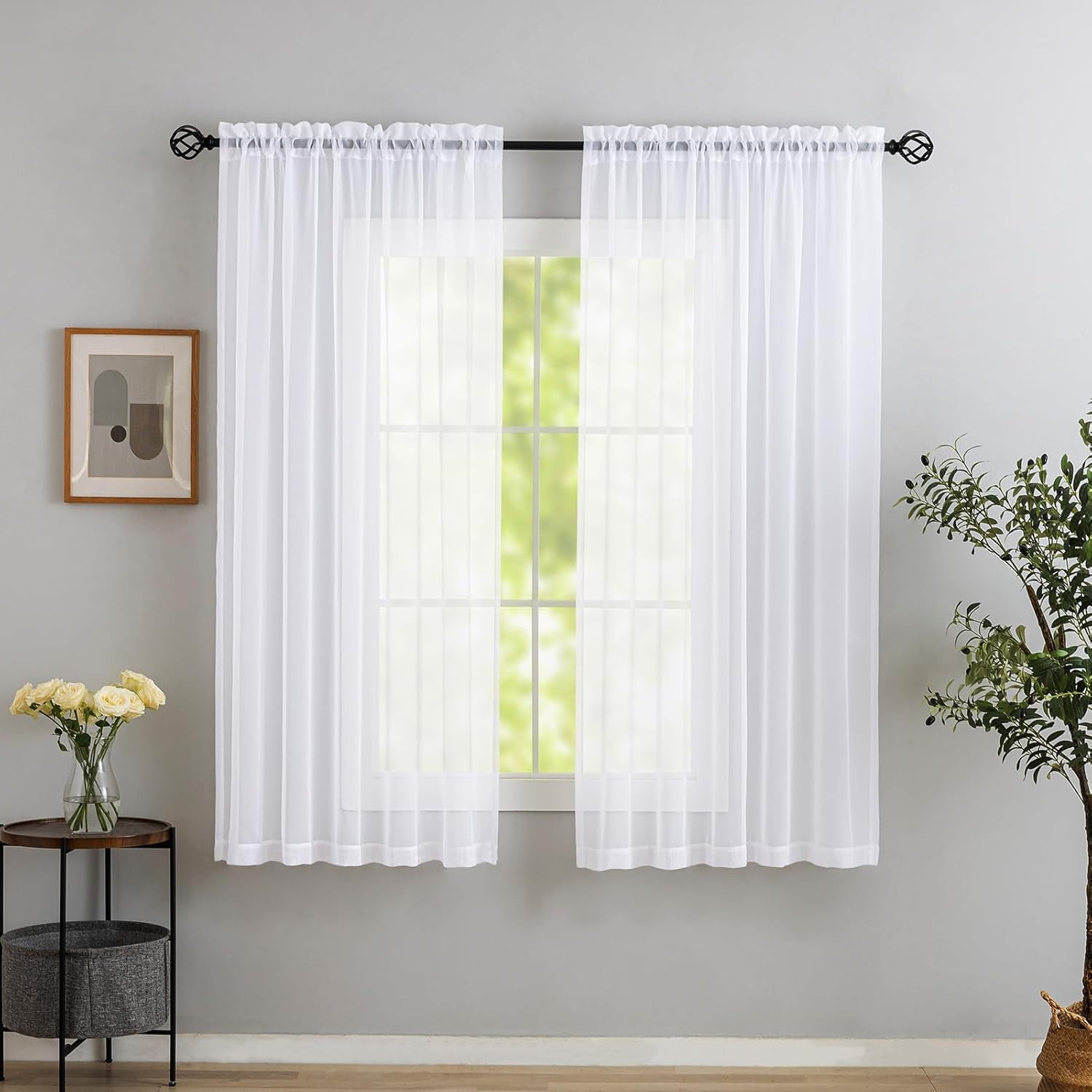EDASCV-Sheer White Curtains, Sheer Curtains 63 inch Length 2 Panels Set ...