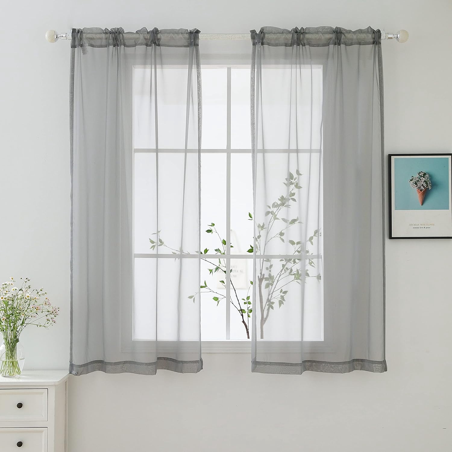 EDASCV-Window Grey Sheer Curtains, W42 x L36 Inches Each 2 Panels Sheer ...