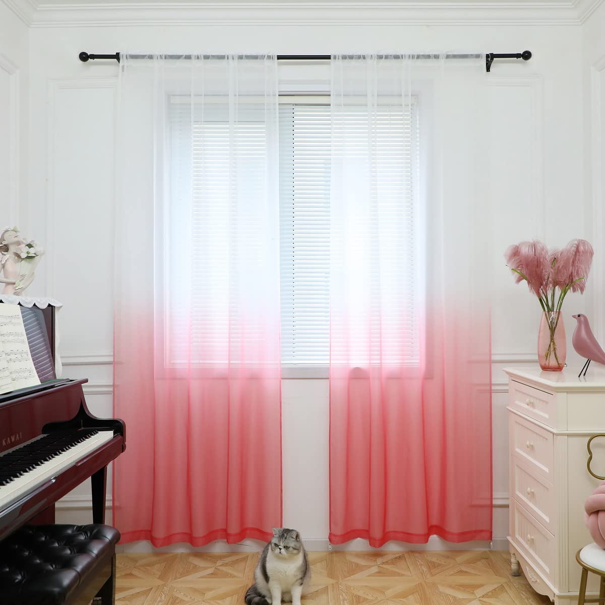 EDASCV-Window Sheer Gradient Red Curtains 95 Inches Long 2 Panels Sheer ...