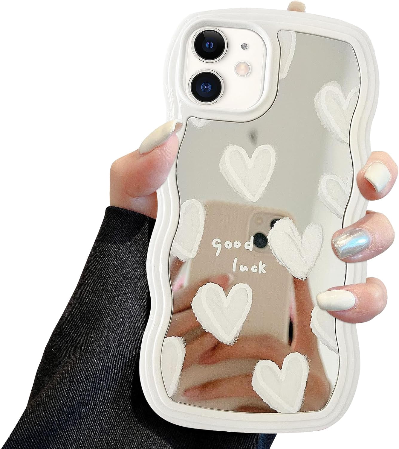 EDASCV-for iPhone 12 Case with Wavy Edge, Cute White Heart Mirror Curly ...
