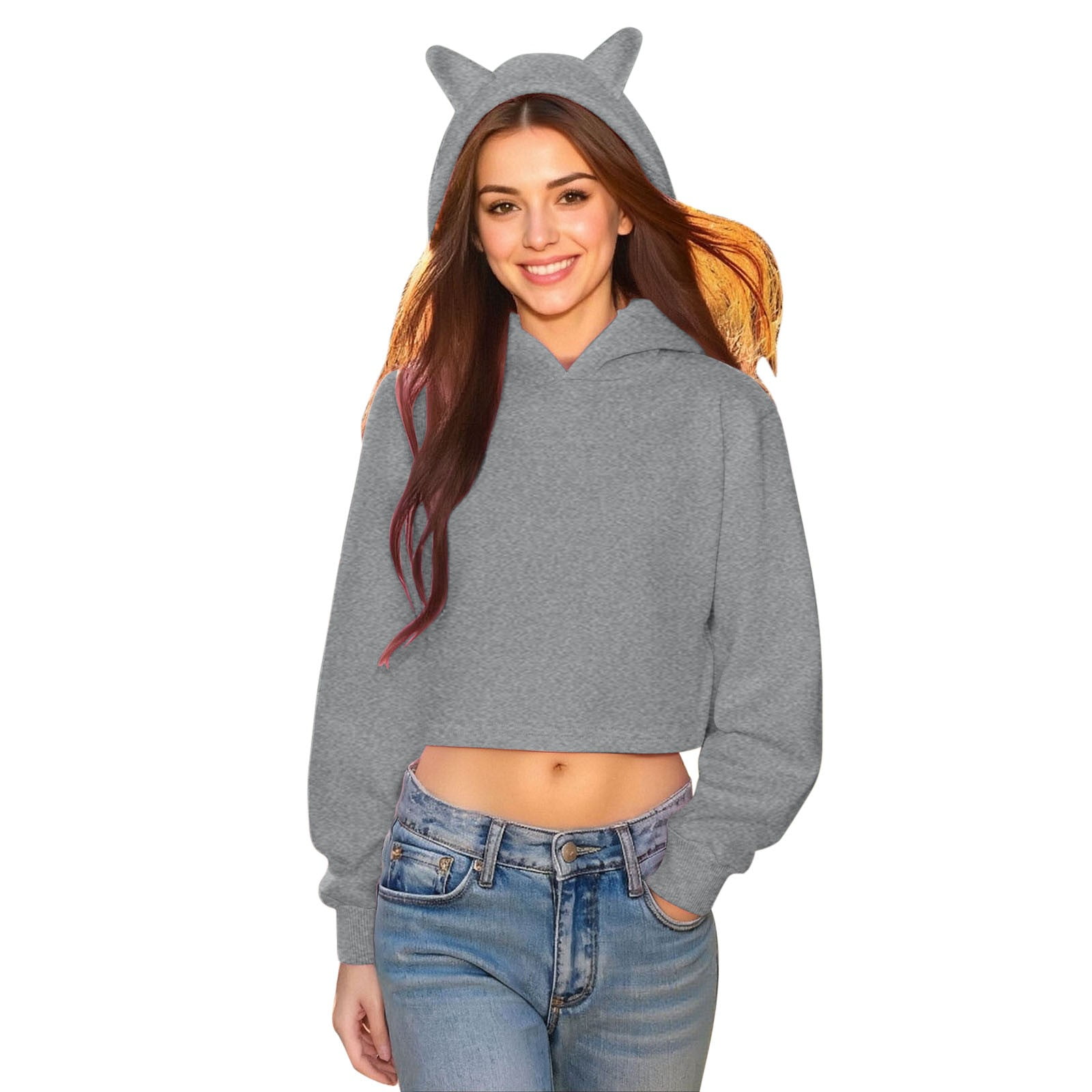 EDFBUYKRS Female Long Sleeve Hoodie Solid Color Cat Ear Hoodie Cute ...