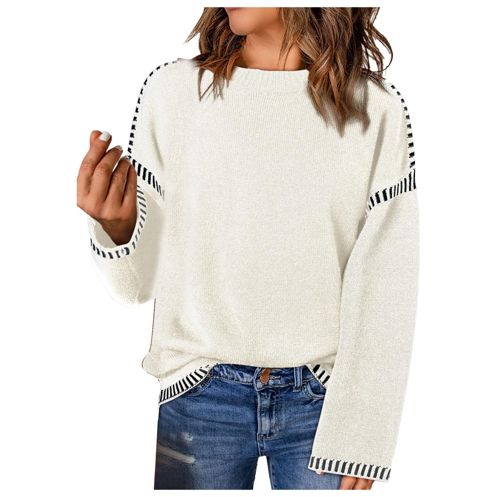 EDFBUYKRS Female Sweaters Sweaters for Women Long Sleeve Crewneck ...