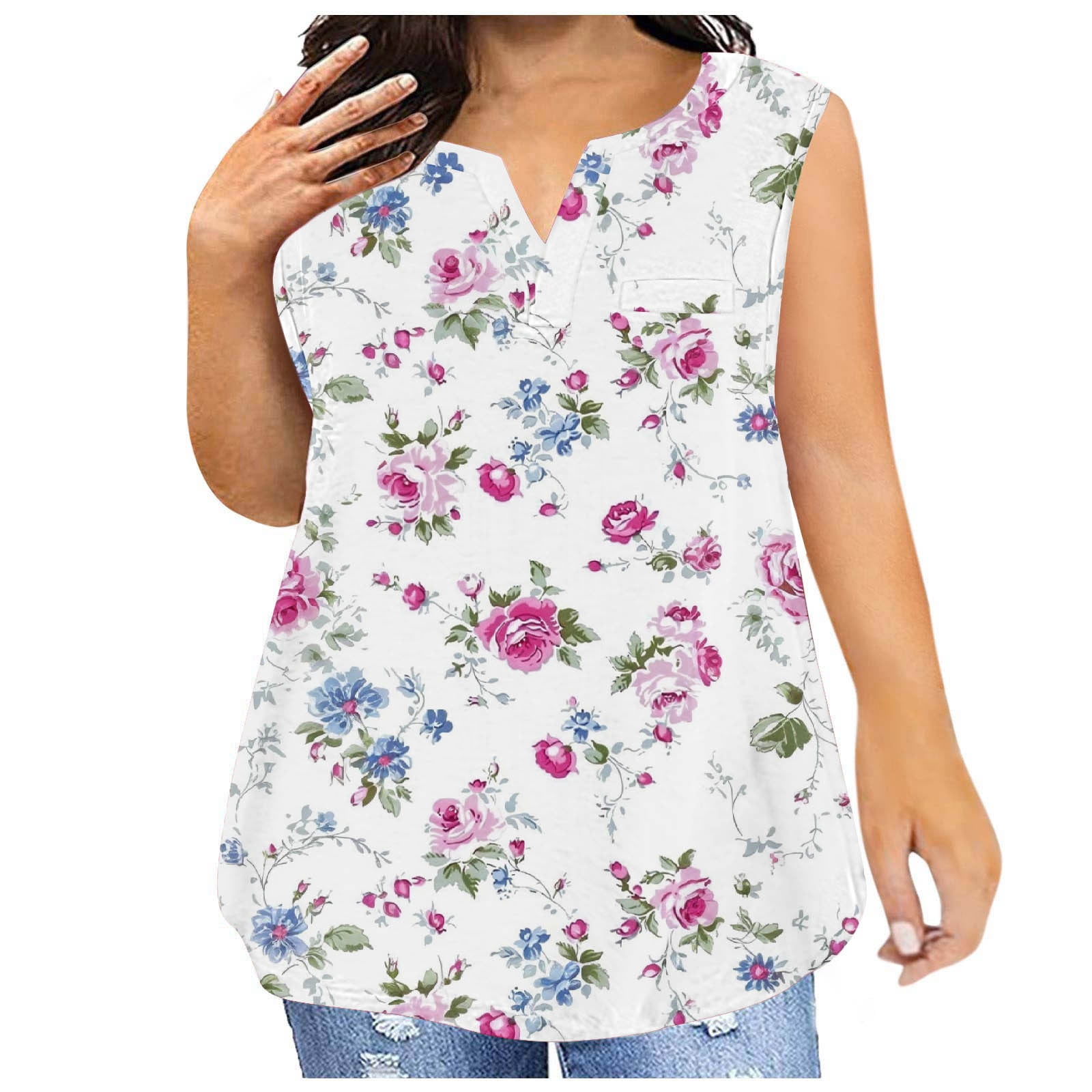 Xwshyw Sleeveless Tops For Women Summer Floral Print V Neck Tee Shirts