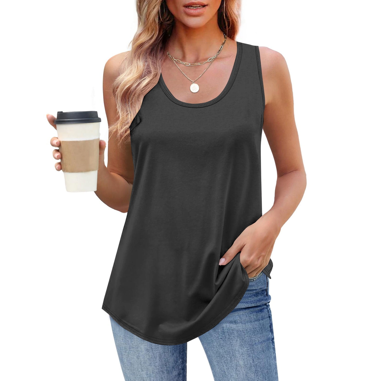 XWSHYW Tunic Tops for Women Summer Solid Color Crew Neck Camisole Blouses Leisure Loose Fit ...