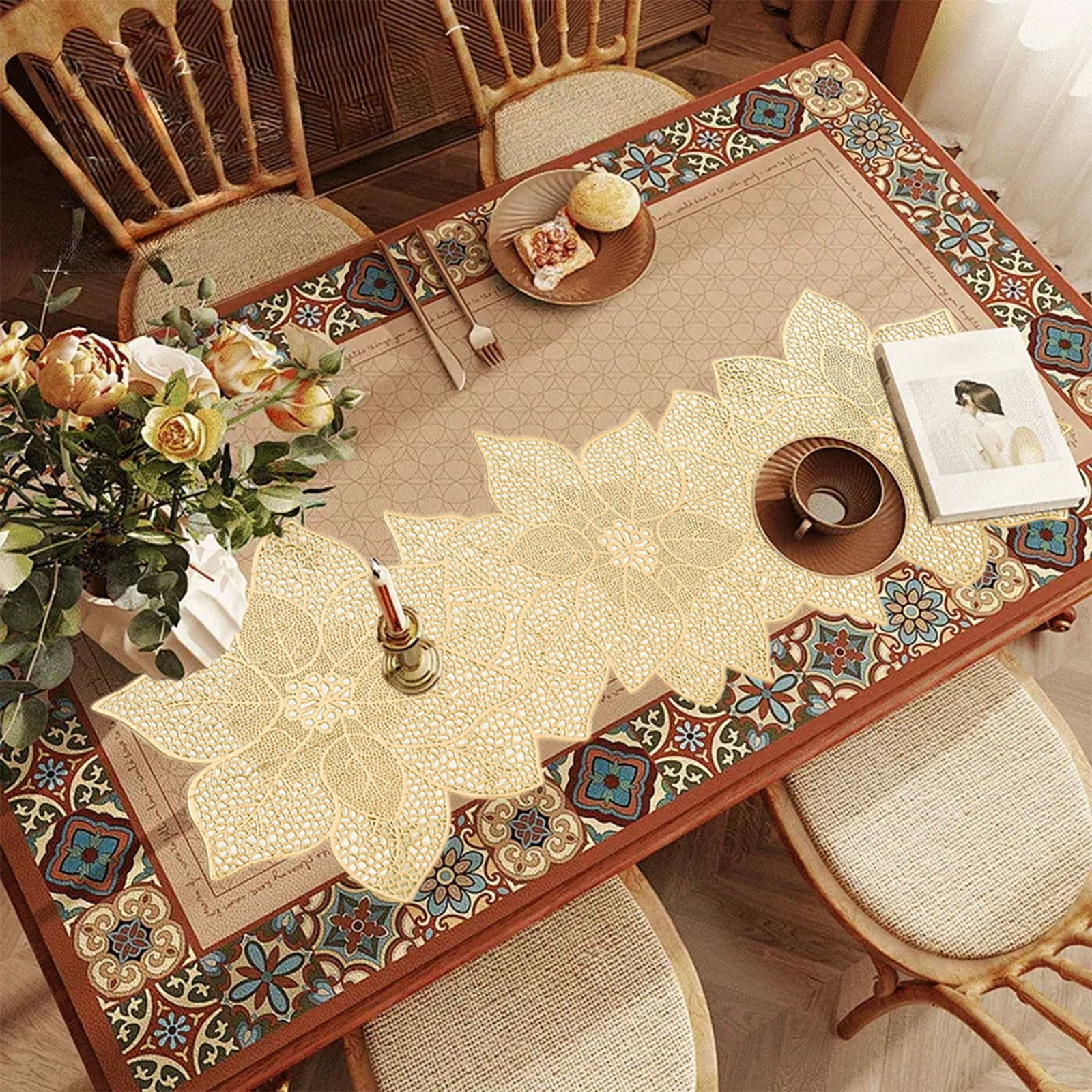 EDHITNR PVC Table Runner, Floral Stamped Hollow Table Mat, European ...