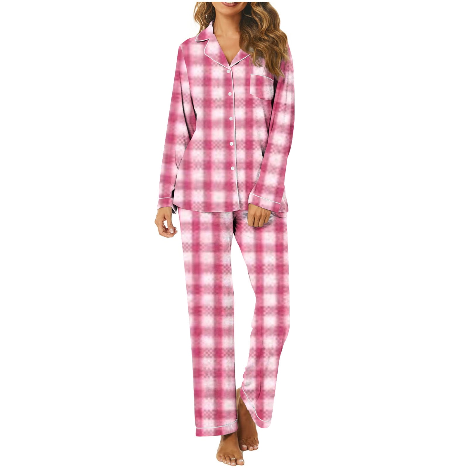 Edhitnr Pajama Sets For Women 2 Pcs Plaid Pattern Loose Fit Pajama Set