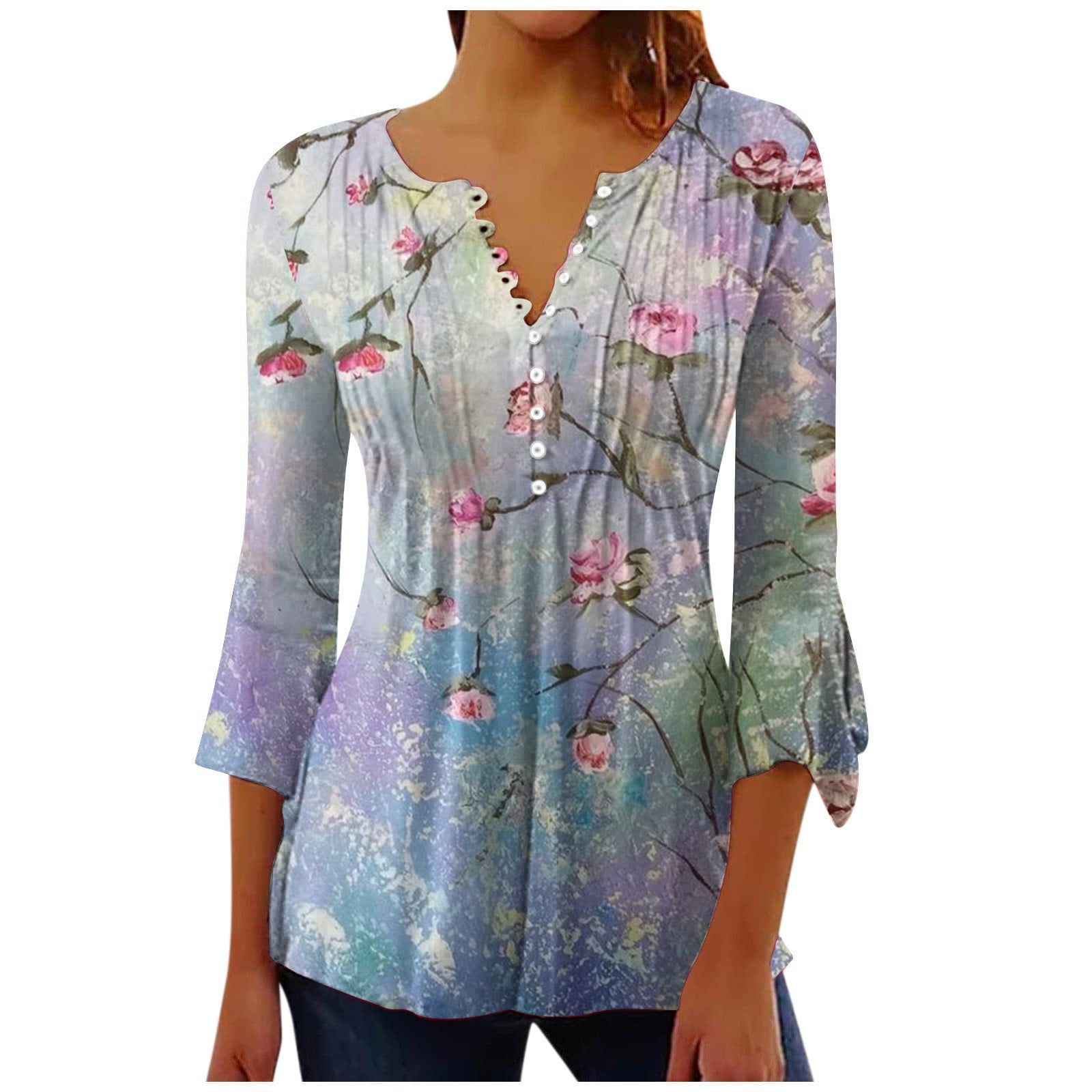 XWSHYW Spring Tops for Women 2025 3/4 Length Sleeve Plus Size Tops for ...