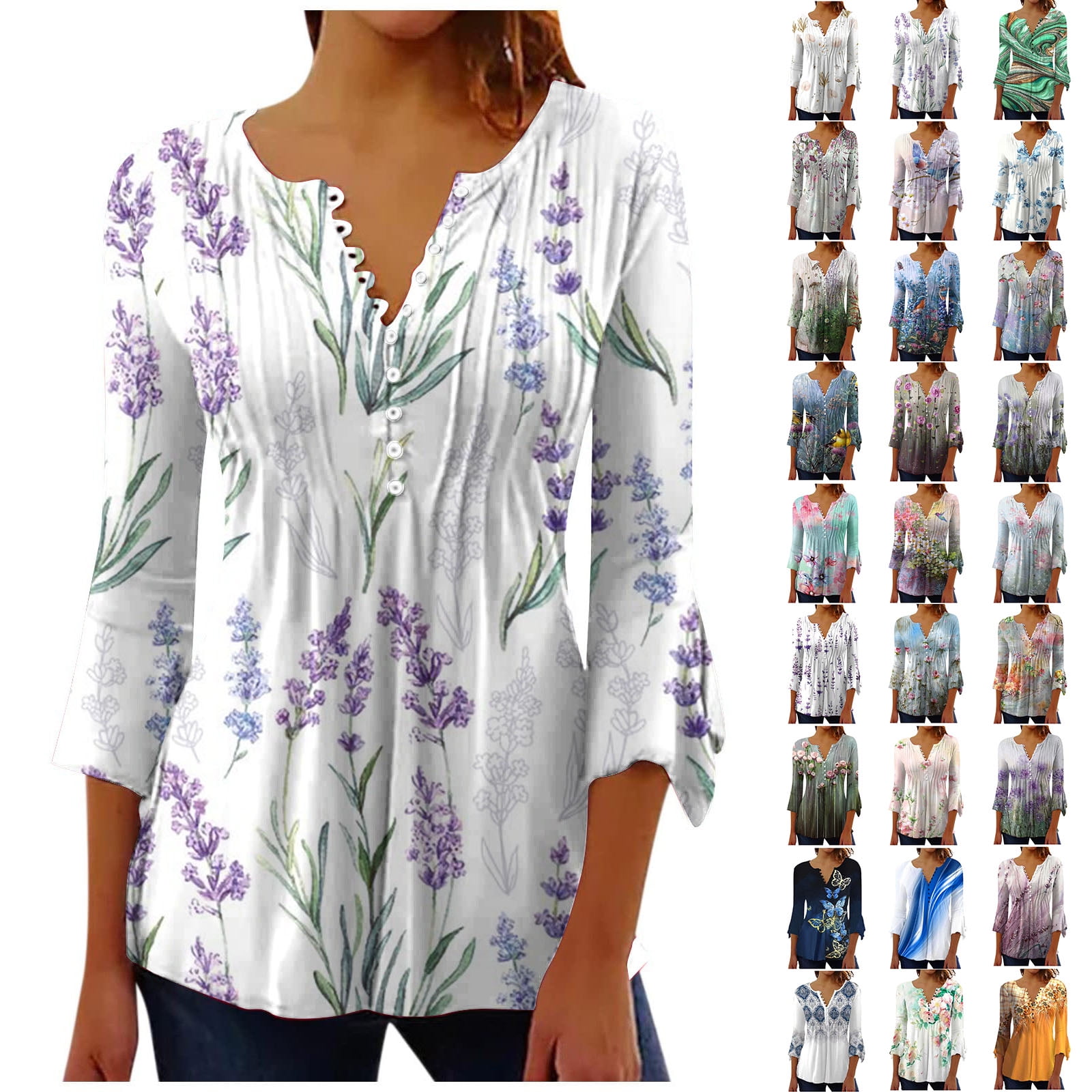 XWSHYW Spring Tops for Women 2025 3/4 Length Sleeve Womens Tops V-Neck ...