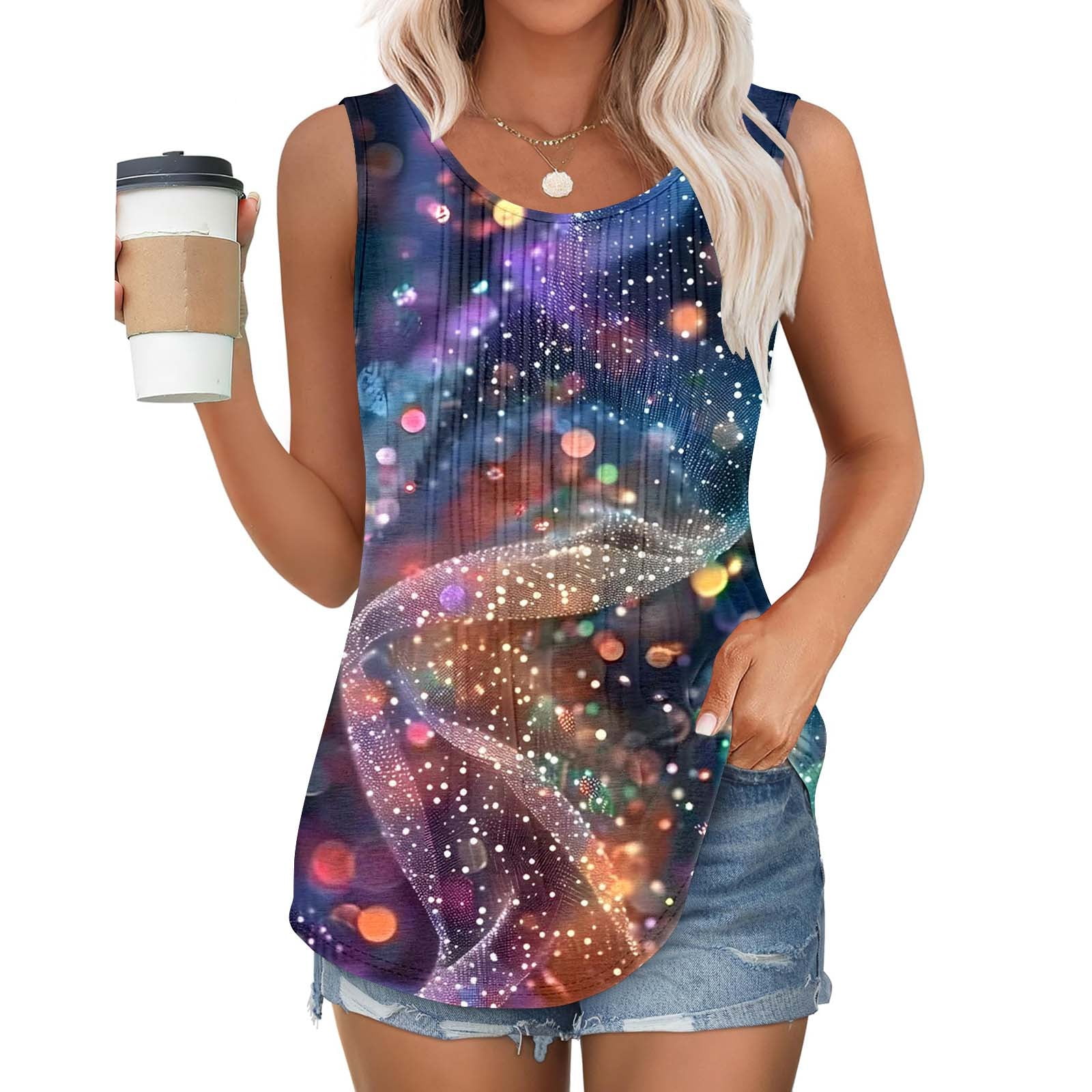 XWSHYW Summer Tank Tops for Women 2025 Summer Geometric Print Crew Neck ...