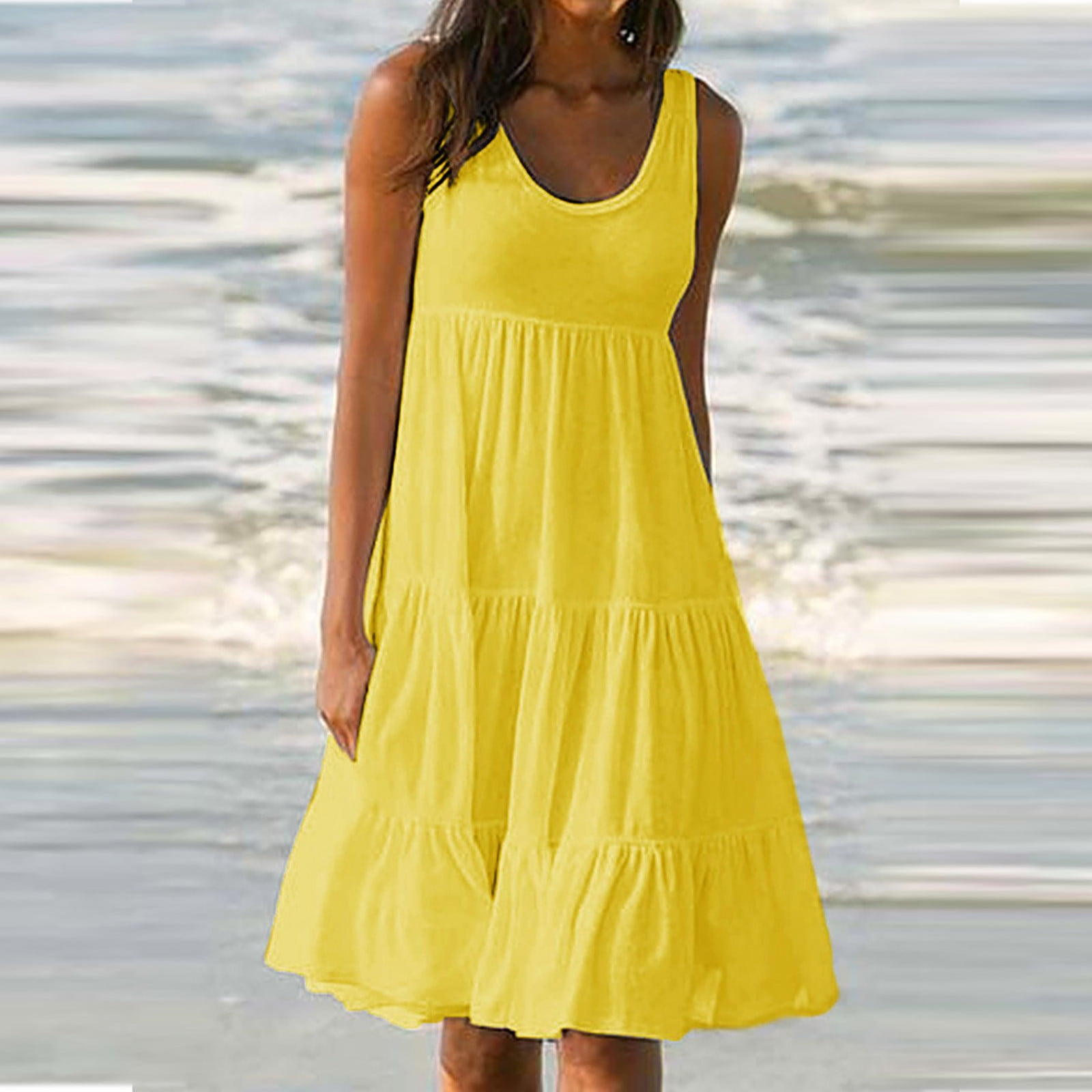 XWSHYW Summer Dresses Loose V Neck Pleated Dresses Fashion Holiday ...