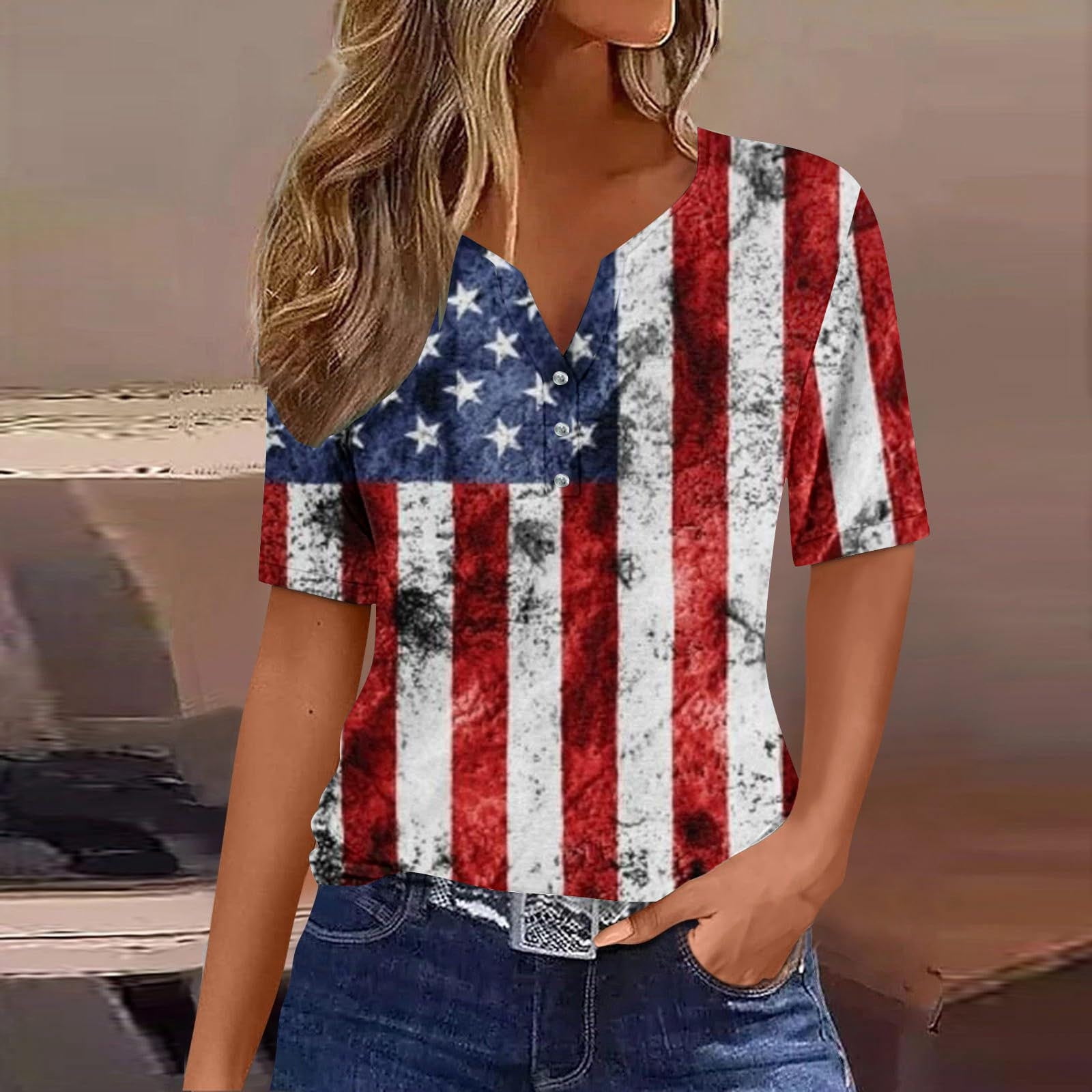 XWSHYW Womens Tops Loose Fit V Neck USA Flag Patriotic T Shirt Fashion ...
