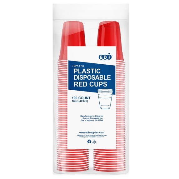 EDI Red Party Cups, 16 oz Disposable Plastic Cups, Bulk Pack of 100 ...