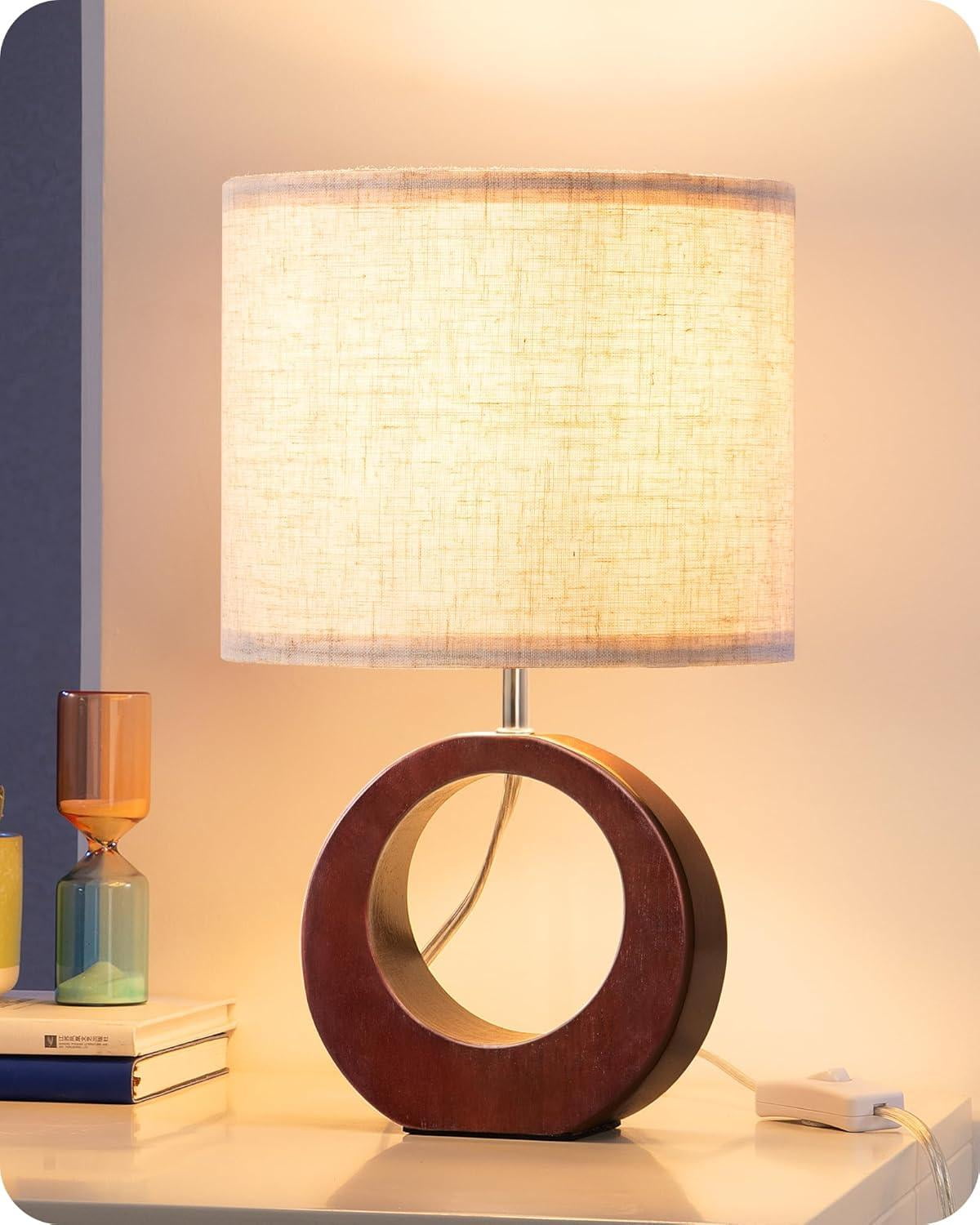 EDISHINE 13.4" Wood Table Lamp, Small Bedside Lamp with Beige Linen ...
