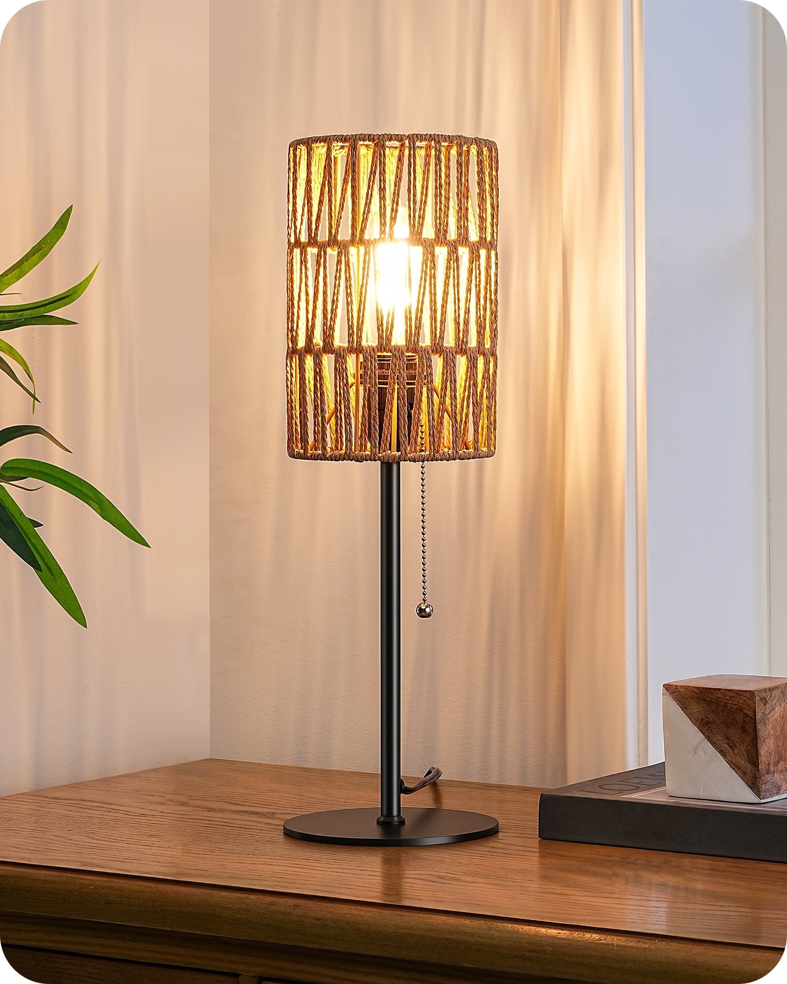 EDISHINE Rattan Shade Table Lamp with Pull Chain Switch, Metal Base ...