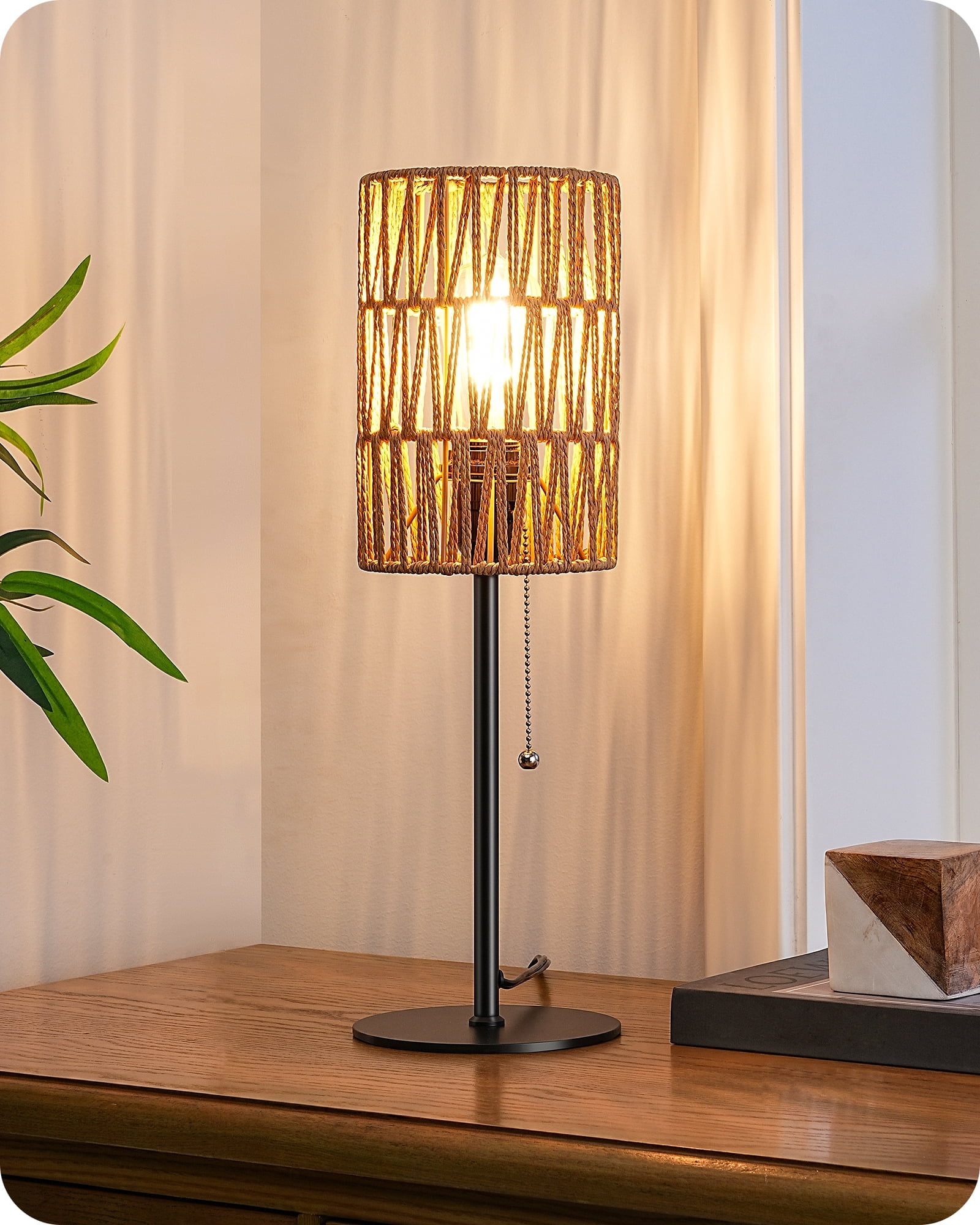 EDISHINE 19.1" Rattan Table Lamp, Tall Bedside Lamp with W-Knit ...