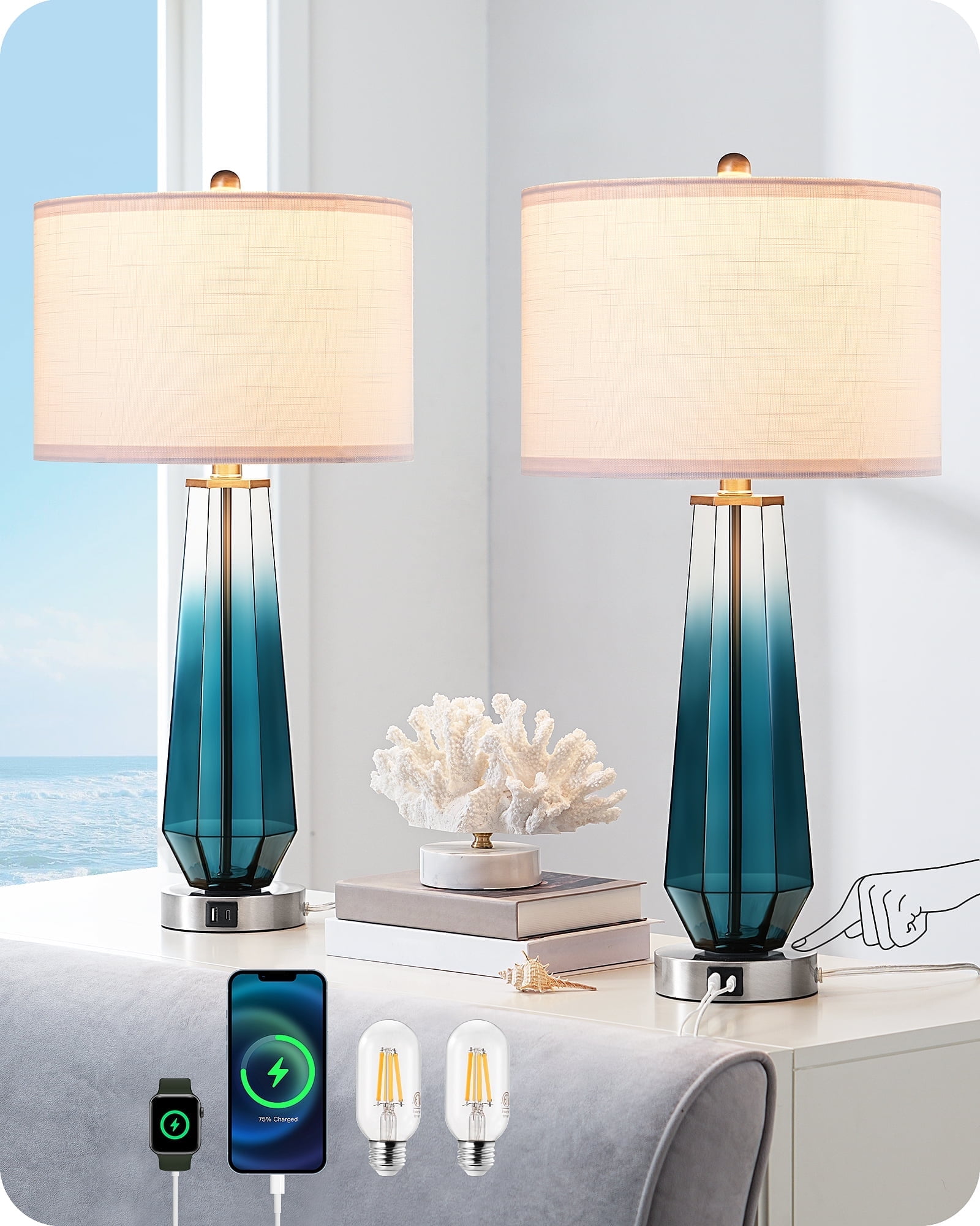 Free Shipping! EDISHINE 2 Pack Modern Coastal Table Lamps, Touch ...
