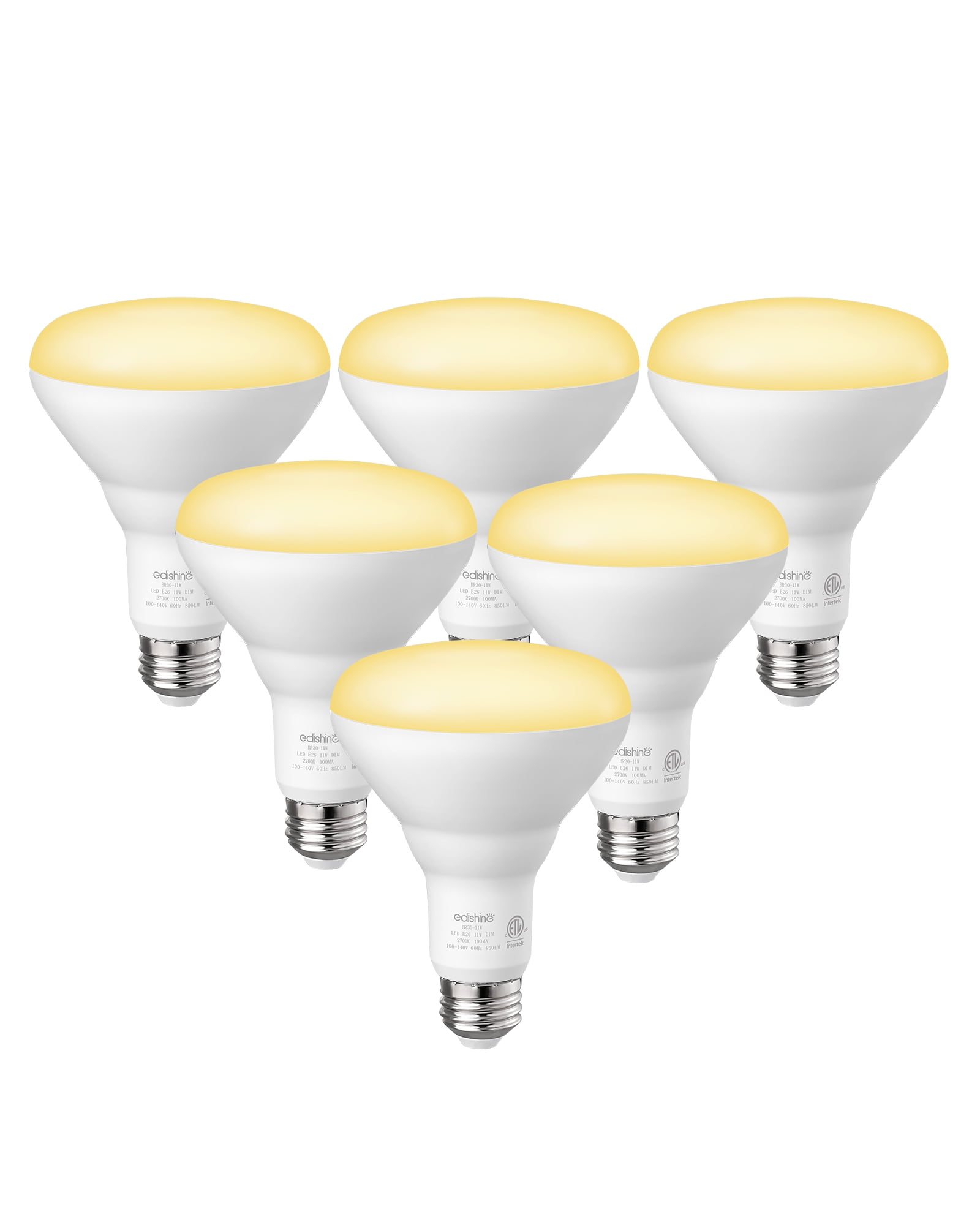 EDISHINE 6 Pack BR30 LED Light Bulbs, 65W Equivalent, 11W, 850LM, 2700K ...