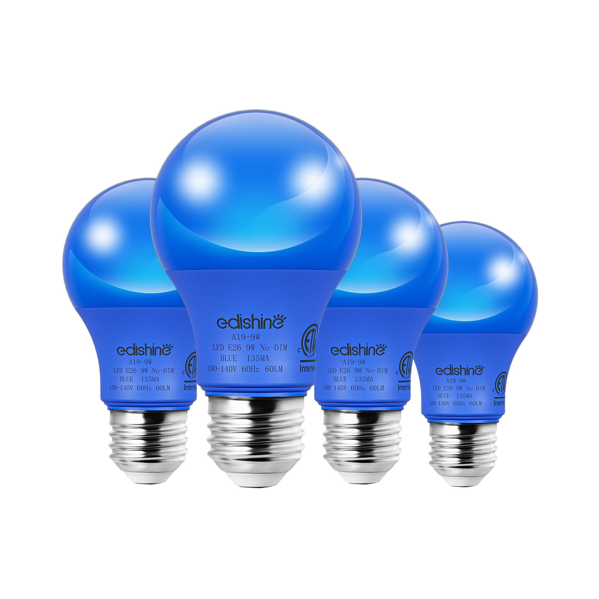EDISHINE Blue LED Bulbs, A19 9W (60W Eq.), E26 Base, 4 Pack, ETL Listed ...