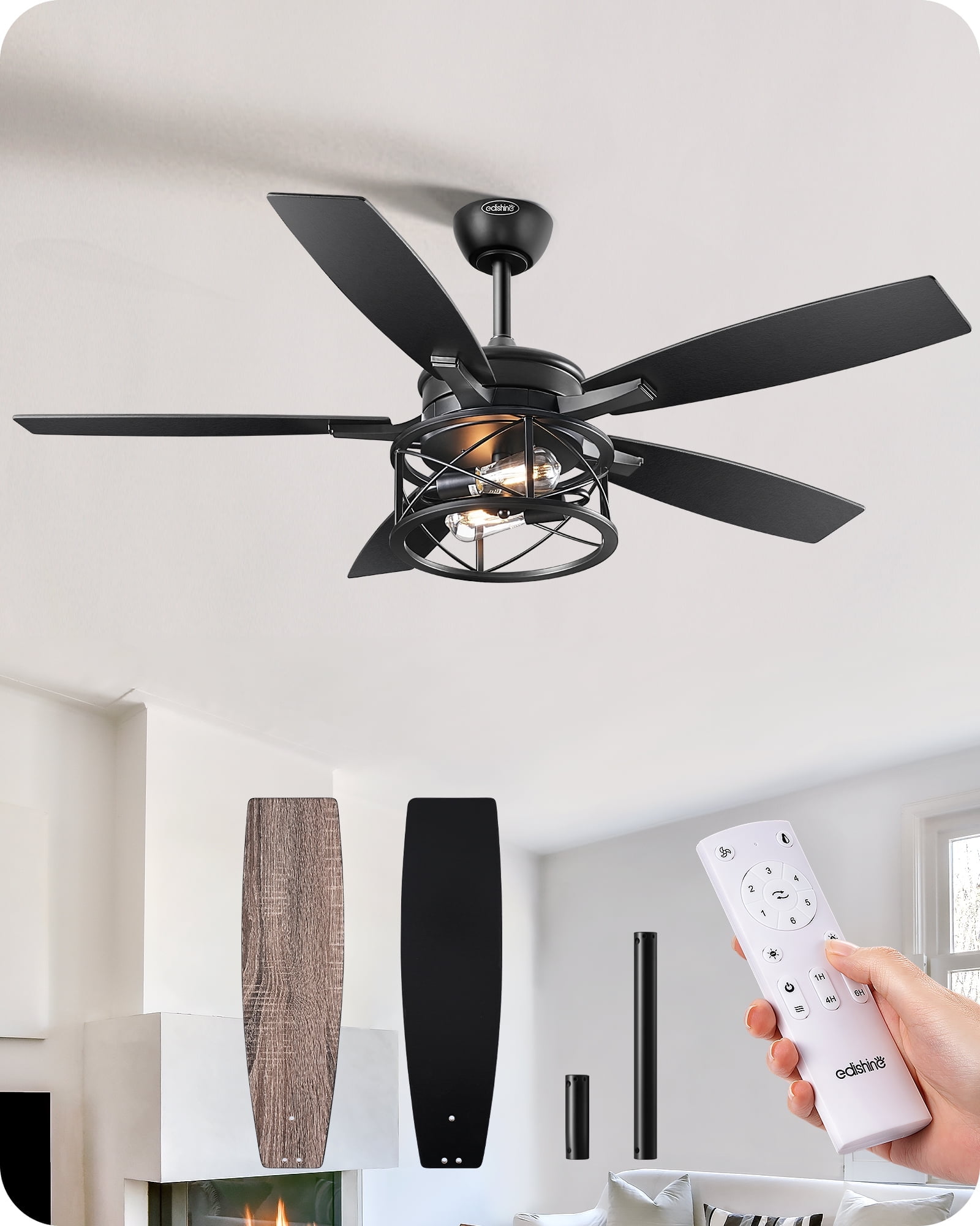 EDISHINE Farmhouse Black Ceiling Fan with Light and Remote Control, 5 ...