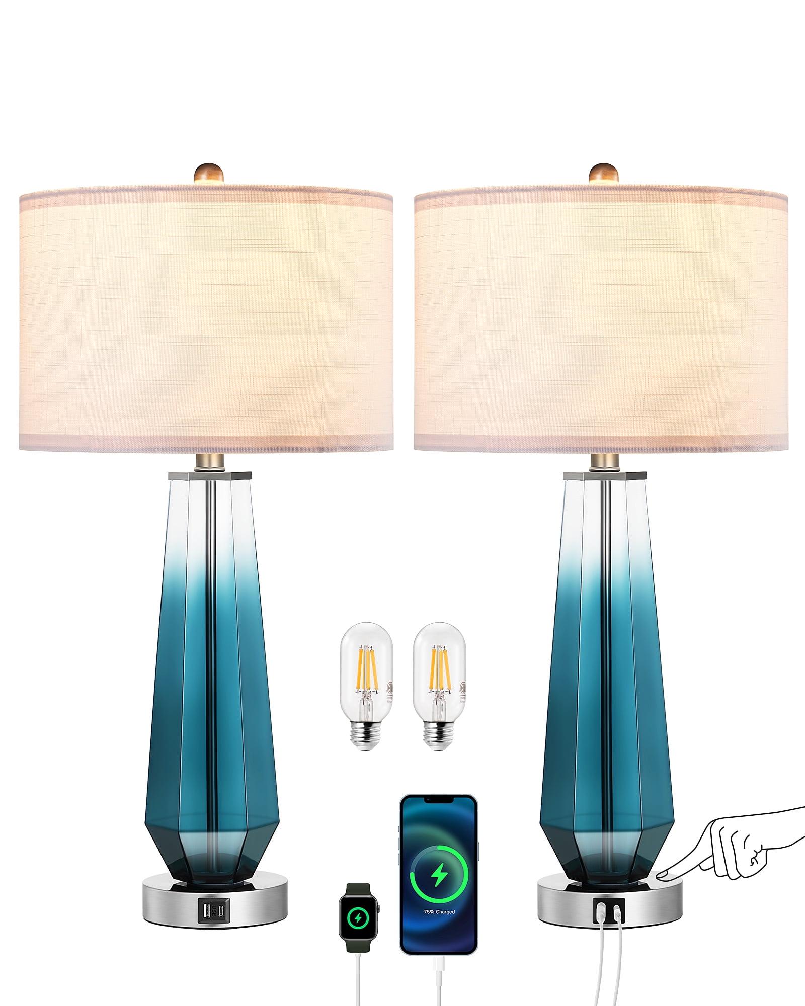 EDISHINE Glass Table Lamps Set of 2, 25.2" Touch Control Lamp with 2 ...
