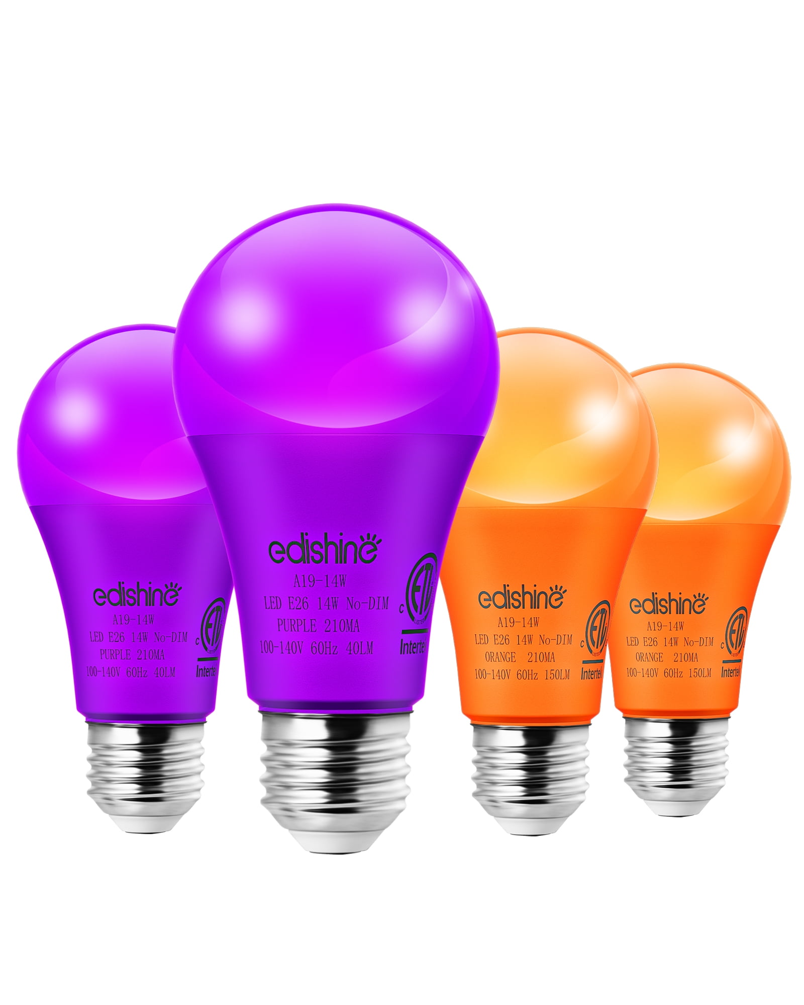 EDISHINE Halloween Light Bulbs 2 Purple 2 Orange A19 14W LED Bulbs 100W ...