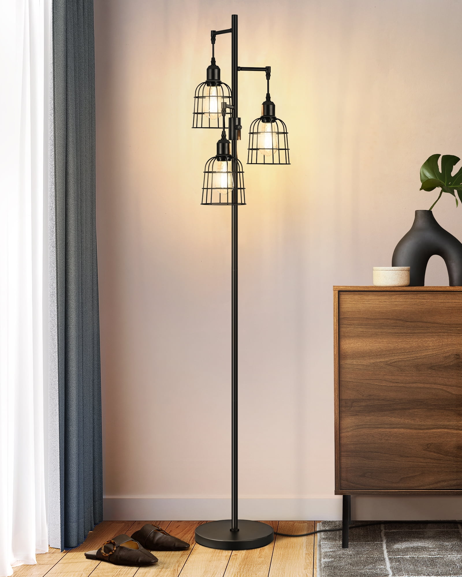 EDISHINE Industrial Cage Solid Floor Lamp, Dimmable, 3 LED Bulbs, Metal ...