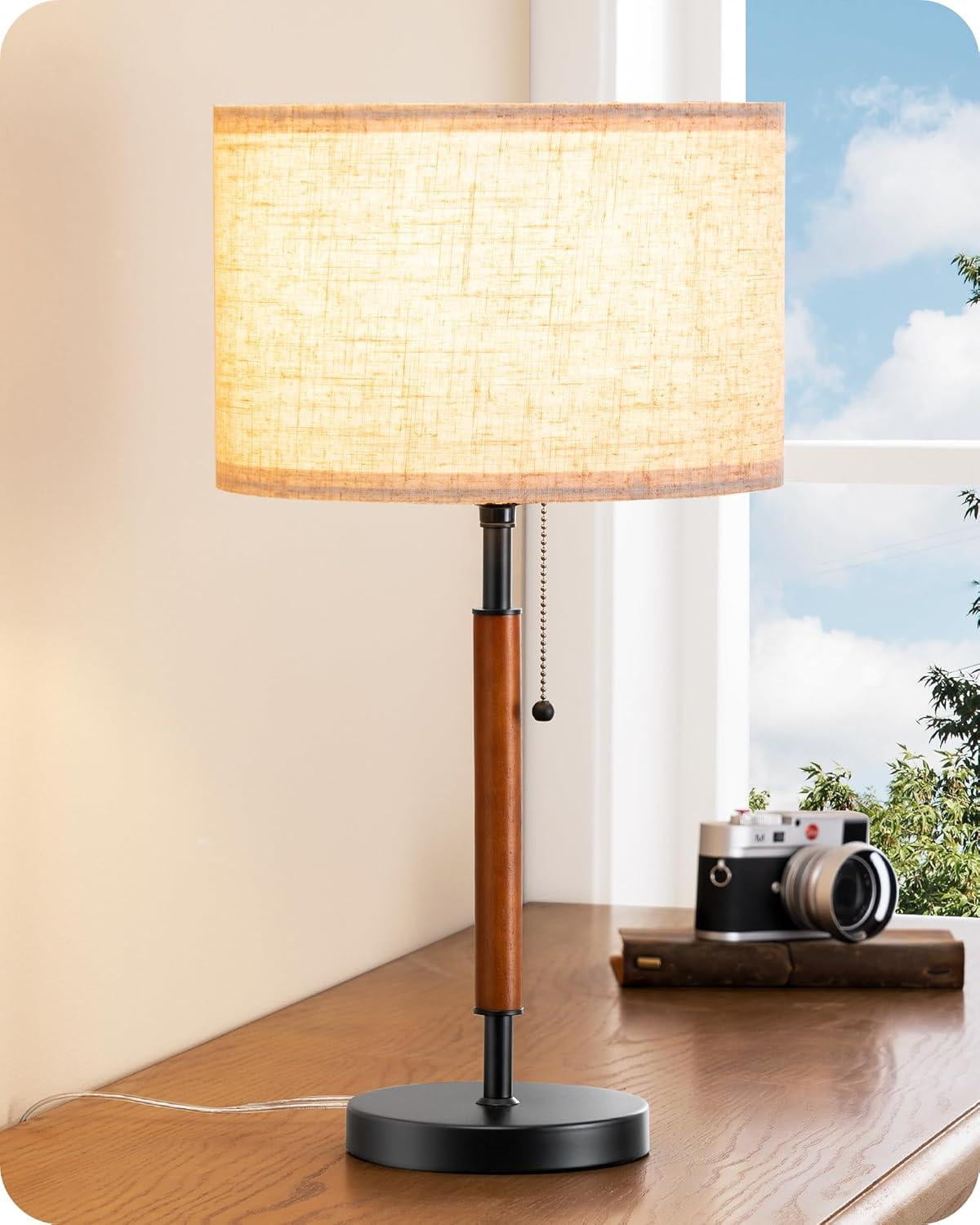 EDISHINE Mid Century Table Lamp, Pull Chain Switch Bedside Lamp with ...