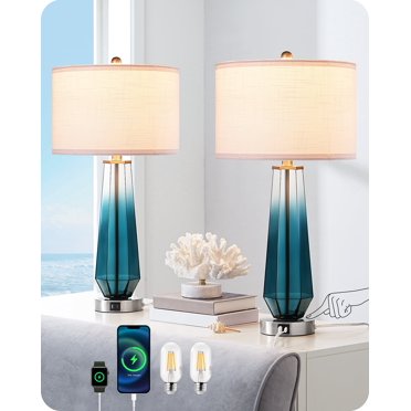 Cinkeda Glass Table Lamp Set of 2 with Nightlight USB A+C Ports AC ...