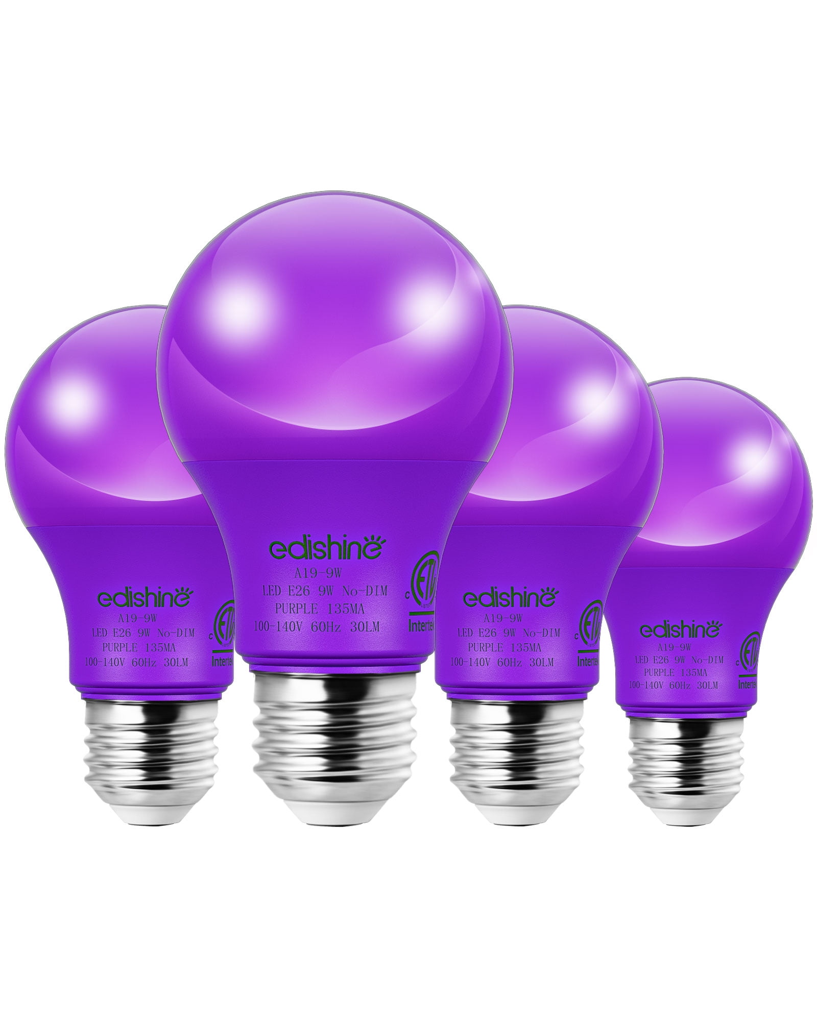 EDISHINE A19 9W Purple LED Bulbs, E26 Base 4 Pack for Christmas Decor ...