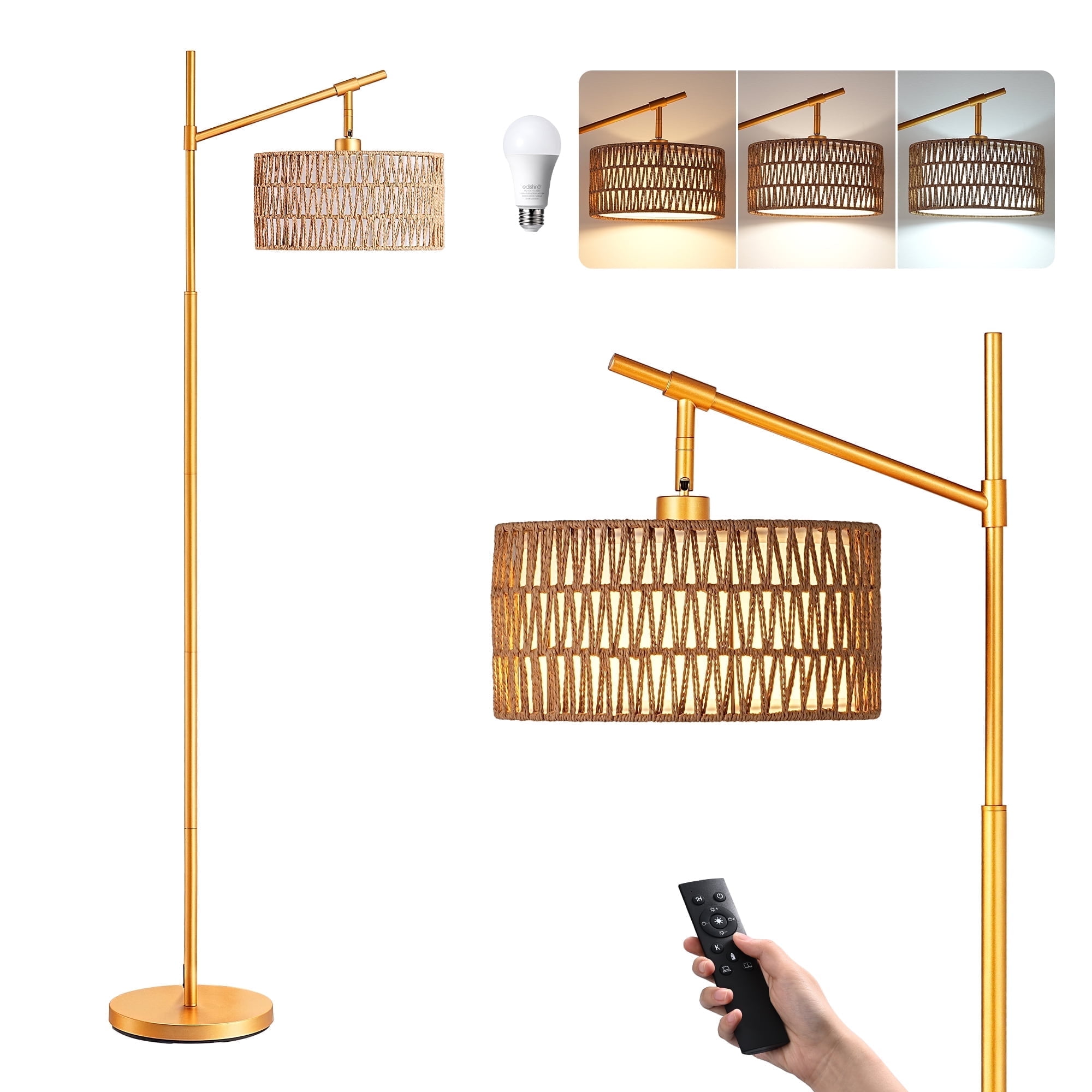 EDISHINE Rattan Gold Floor Lamp, 11x63 in, Boho Style, Remote Control ...