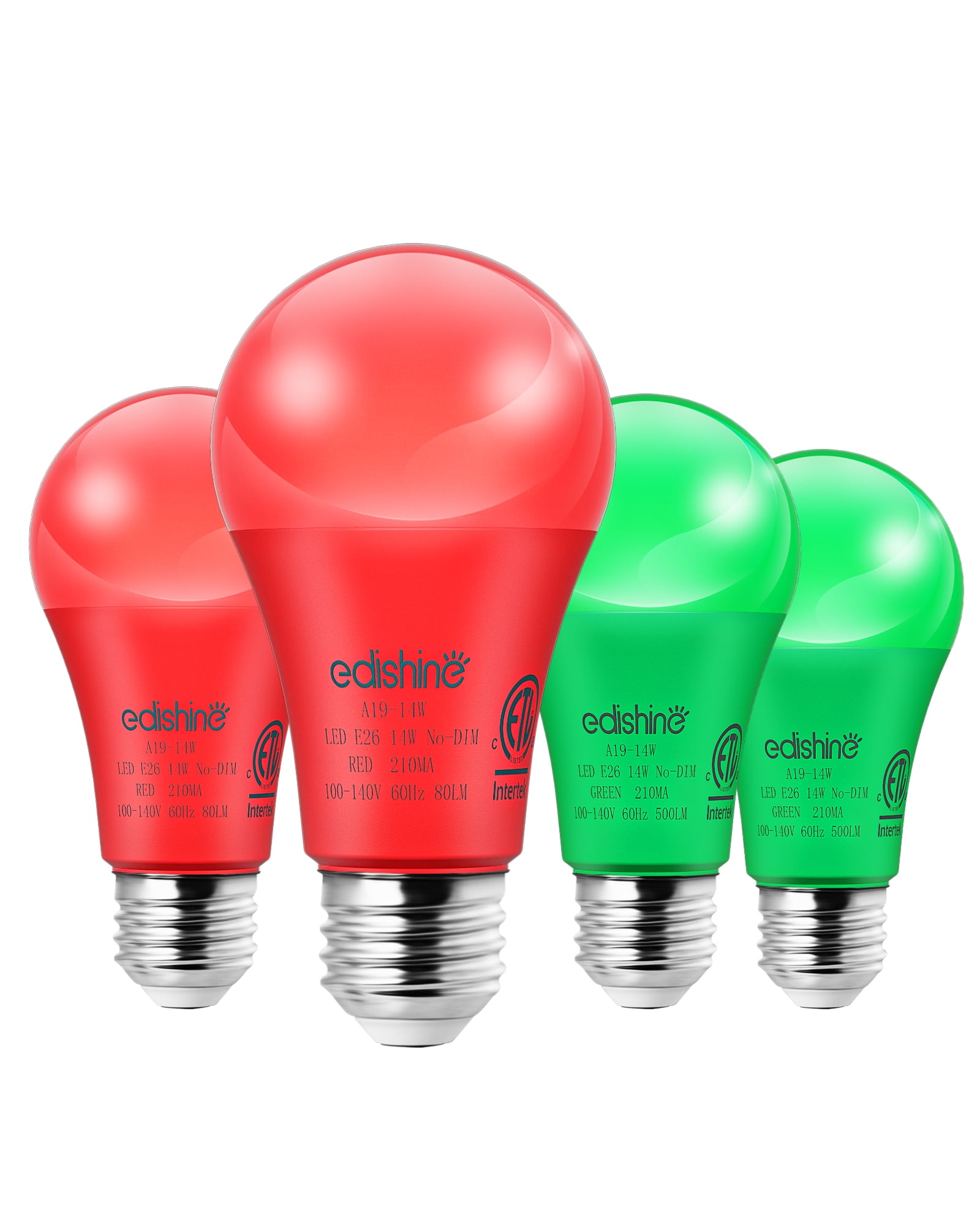 EDISHINE A19 14W LED Bulbs, Red & Green for Christmas Decoration, E26 ...