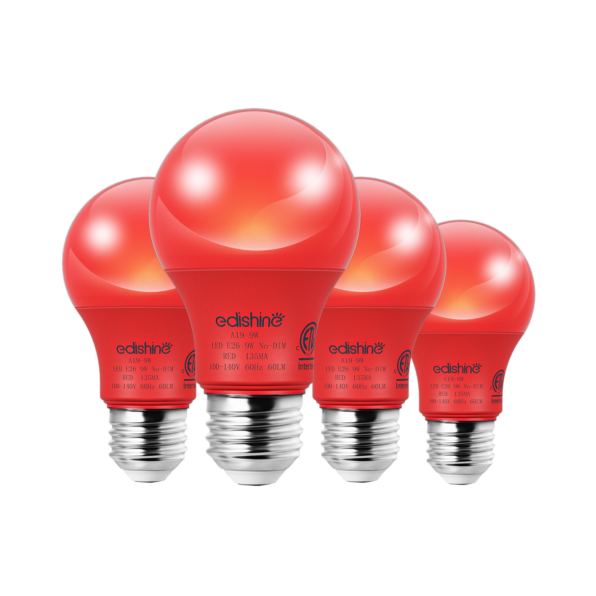EDISHINE Red LED Light Bulbs, A19 9W 60W Equivalent E26 Base, 4 Pack ...