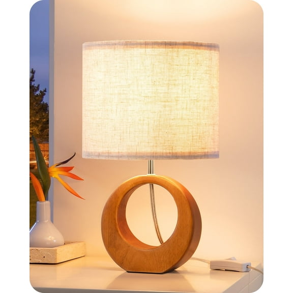 13.4" Small Table Lamp, Wood Nightstand Lamp with Beige Linen Lampshade ...