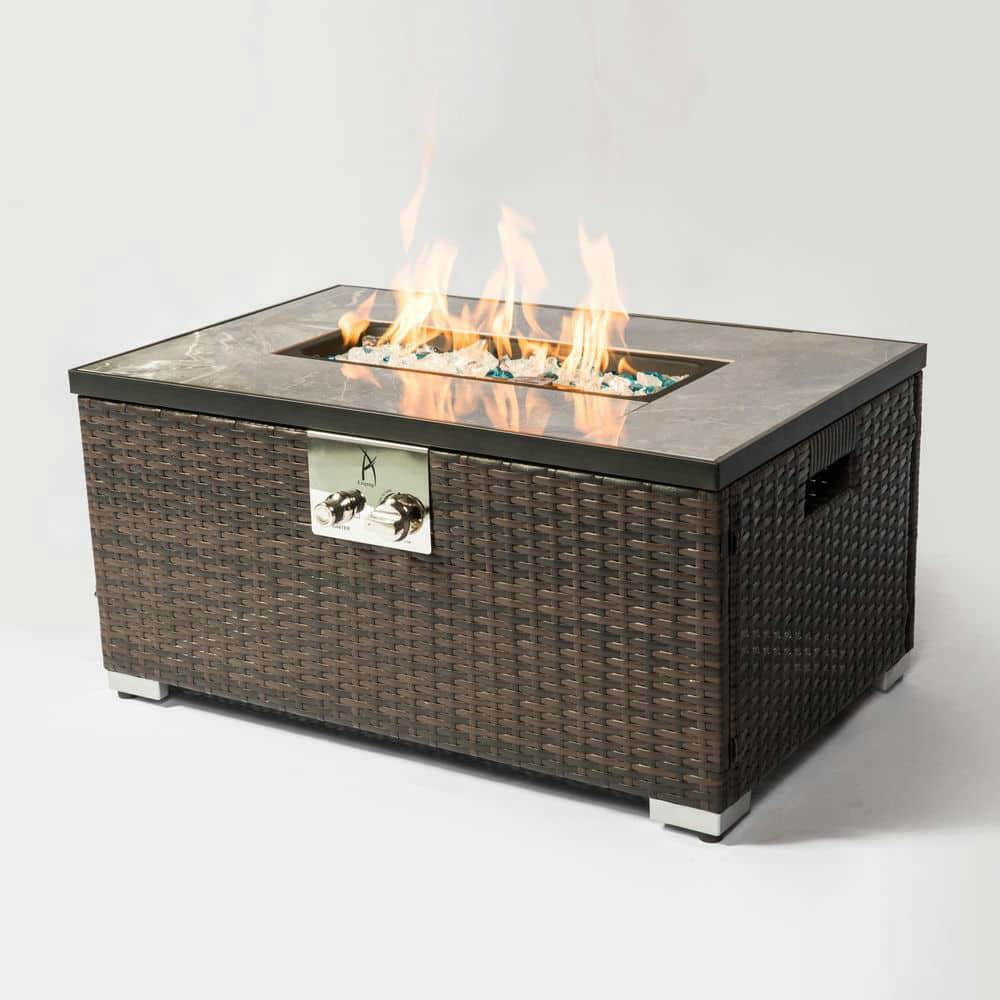 EDOEMSE Outdoor Rattan Gas Fire Table with Propane Fire Pit Feature ...