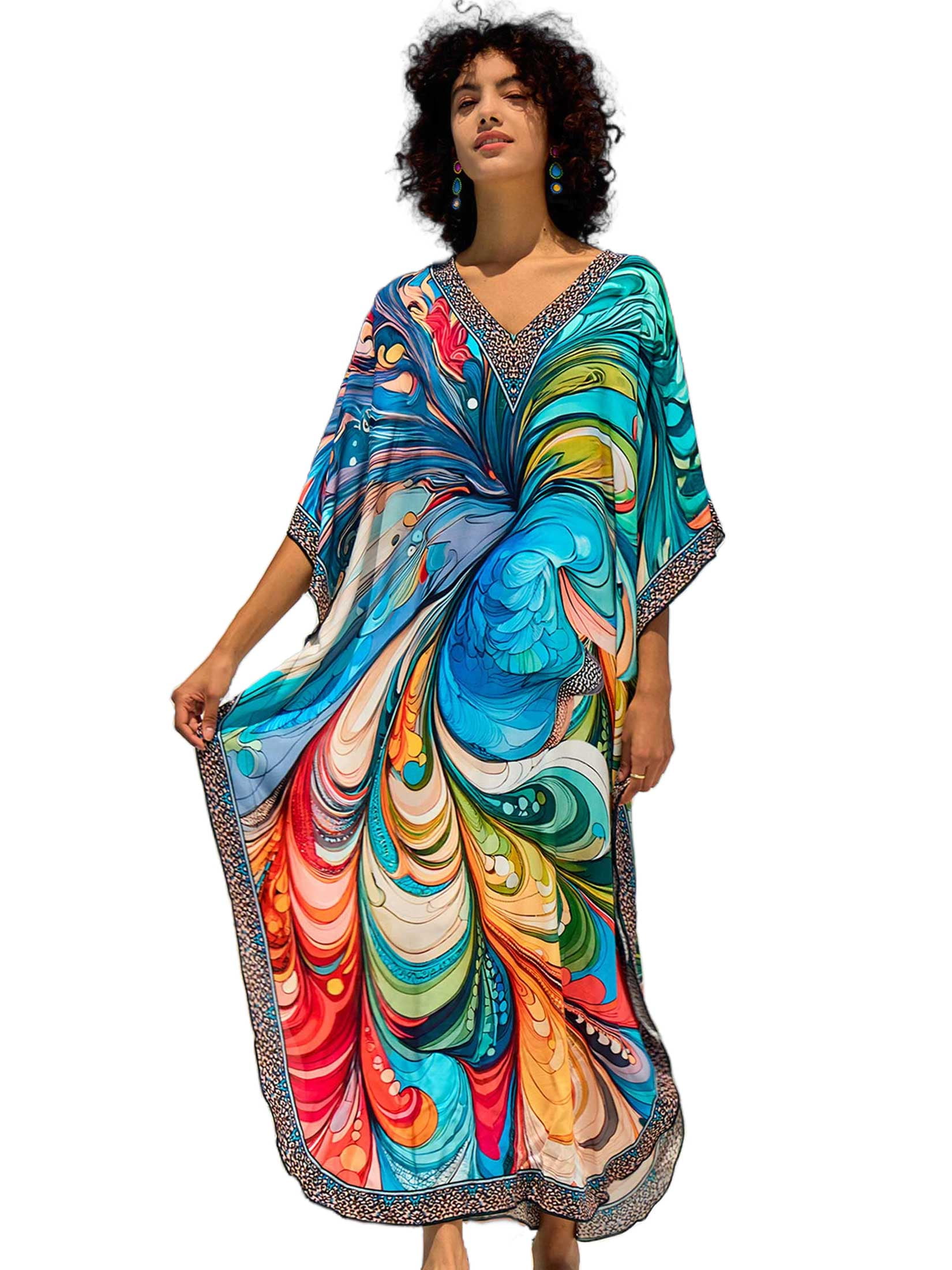 EDOLYNSA 2024 Bohemian Chic Print Plus Size V-neck Bat Sleeve Kaftan ...
