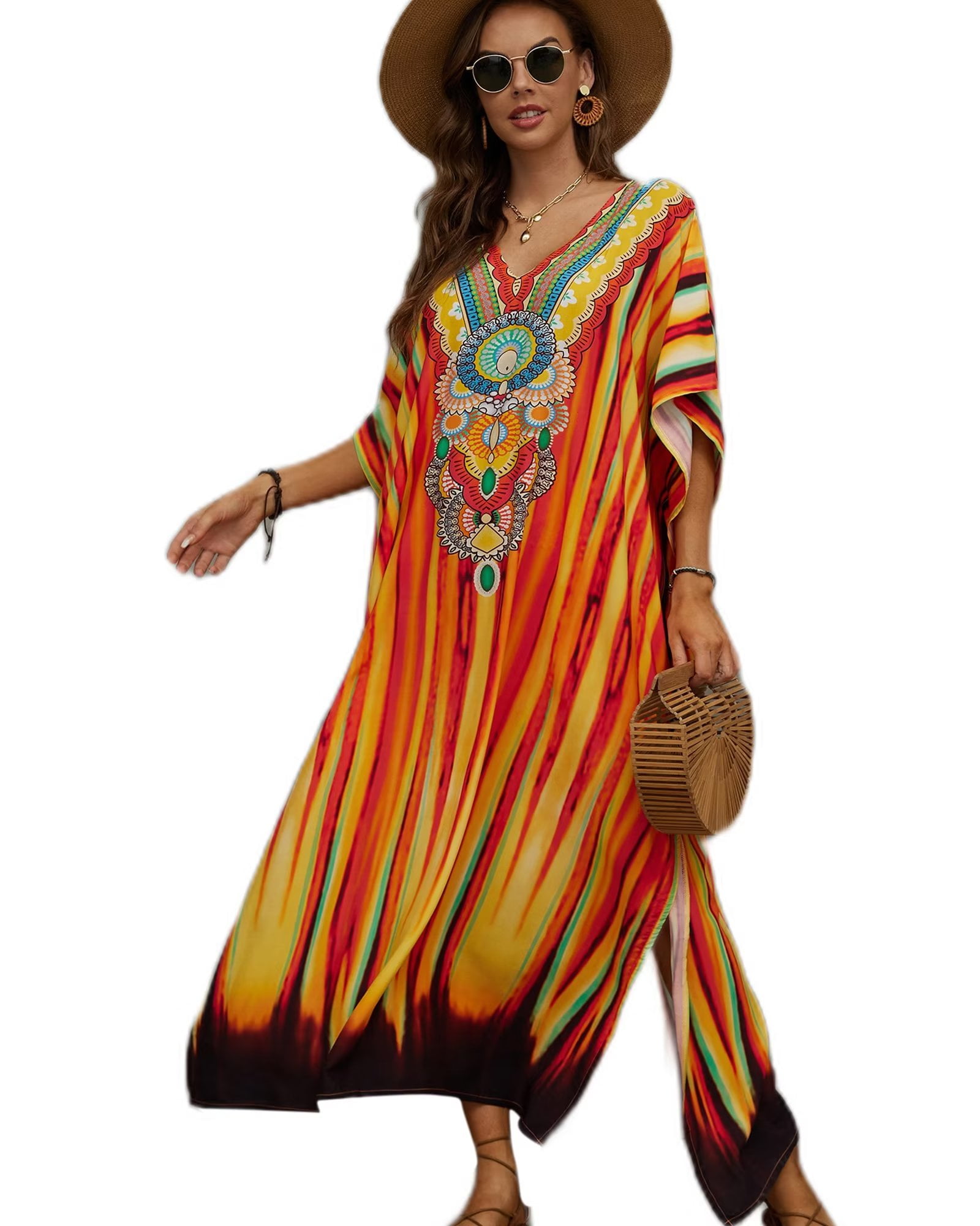 EDOLYNSA Kaftan Dresses for Women Long Printed Maxi Caftan Dress ...