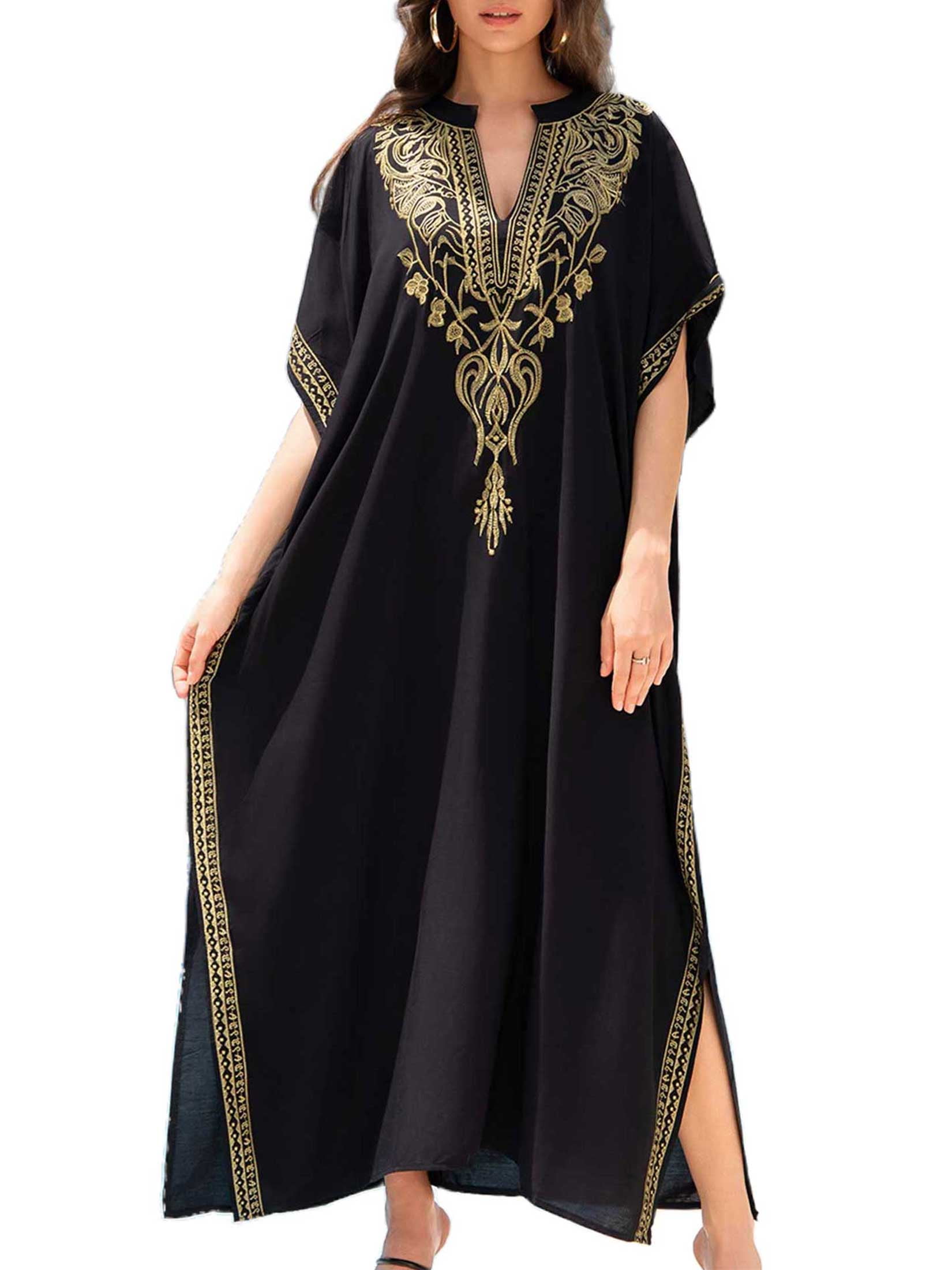 EDOLYNSA Moroccan Kaftan Dresses for Women Plus Size Caftans Loungewear Embroidered Beach Kaftan ...