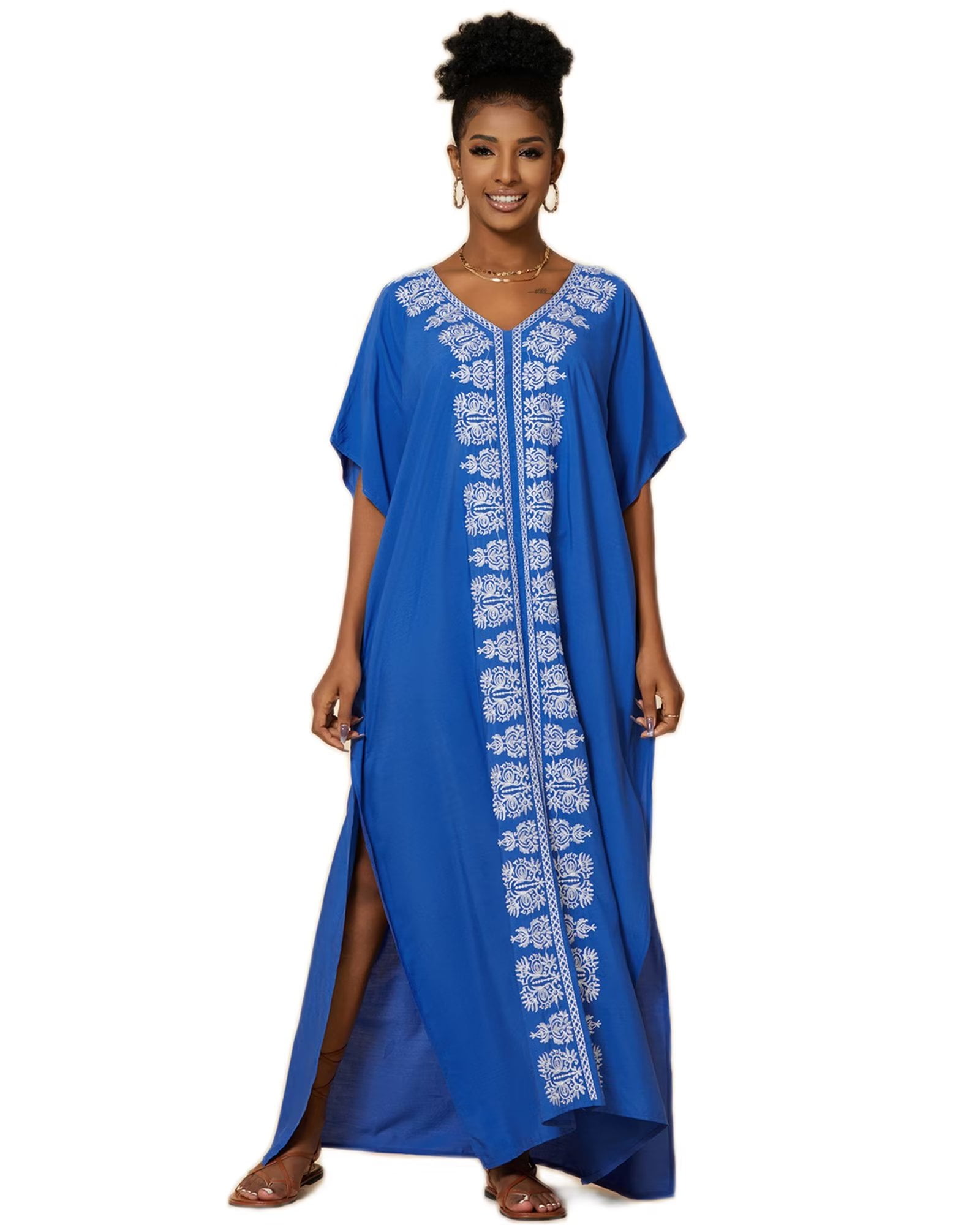 EDOLYNSA Plus Size Embroidered Kaftan Beach Dress Bathing Suit Cover Up ...