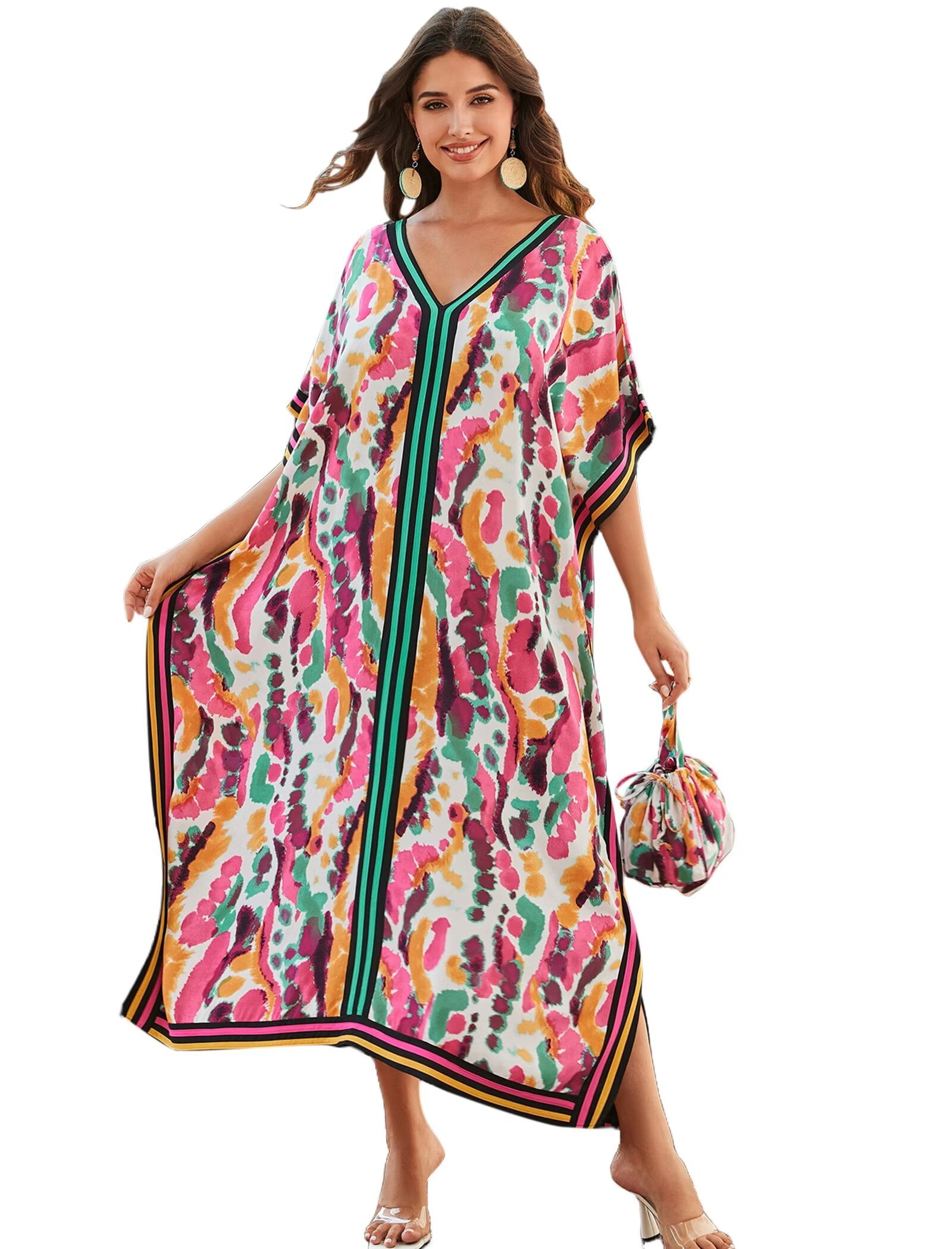 EDOLYNSA Women's Bohemian Print Kaftan Robe V-neck Caftan Loungewear ...