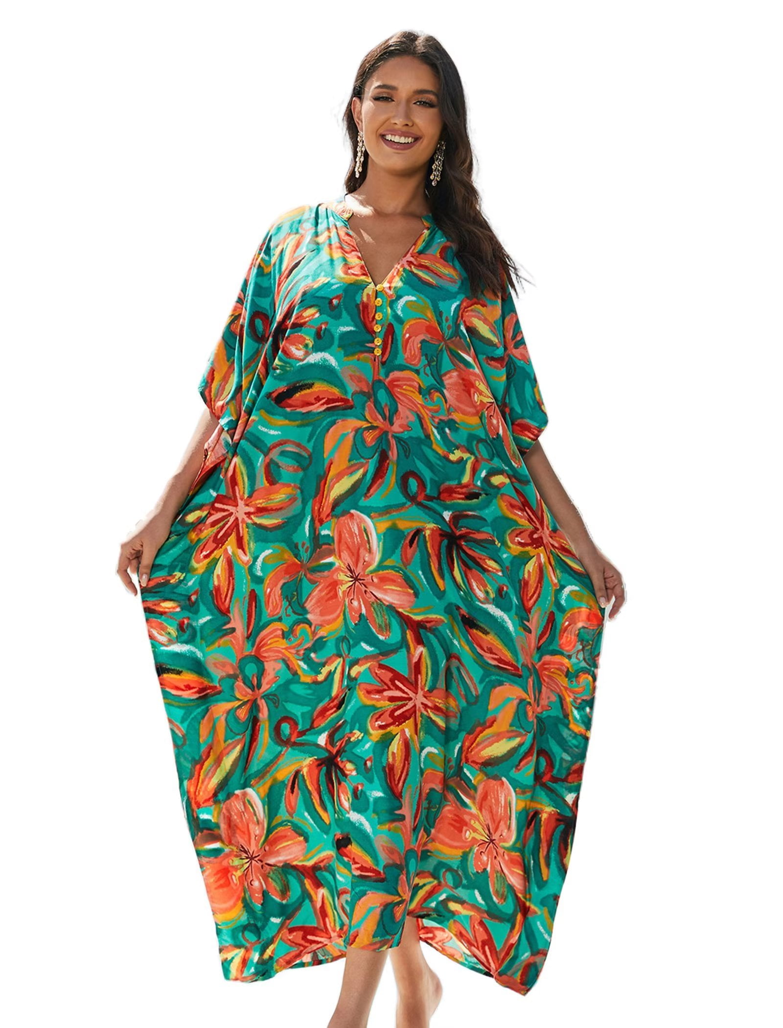EDOLYNSA Women's Kaftan Dress Caftan Loungewear Plus Size Bathing Suit ...