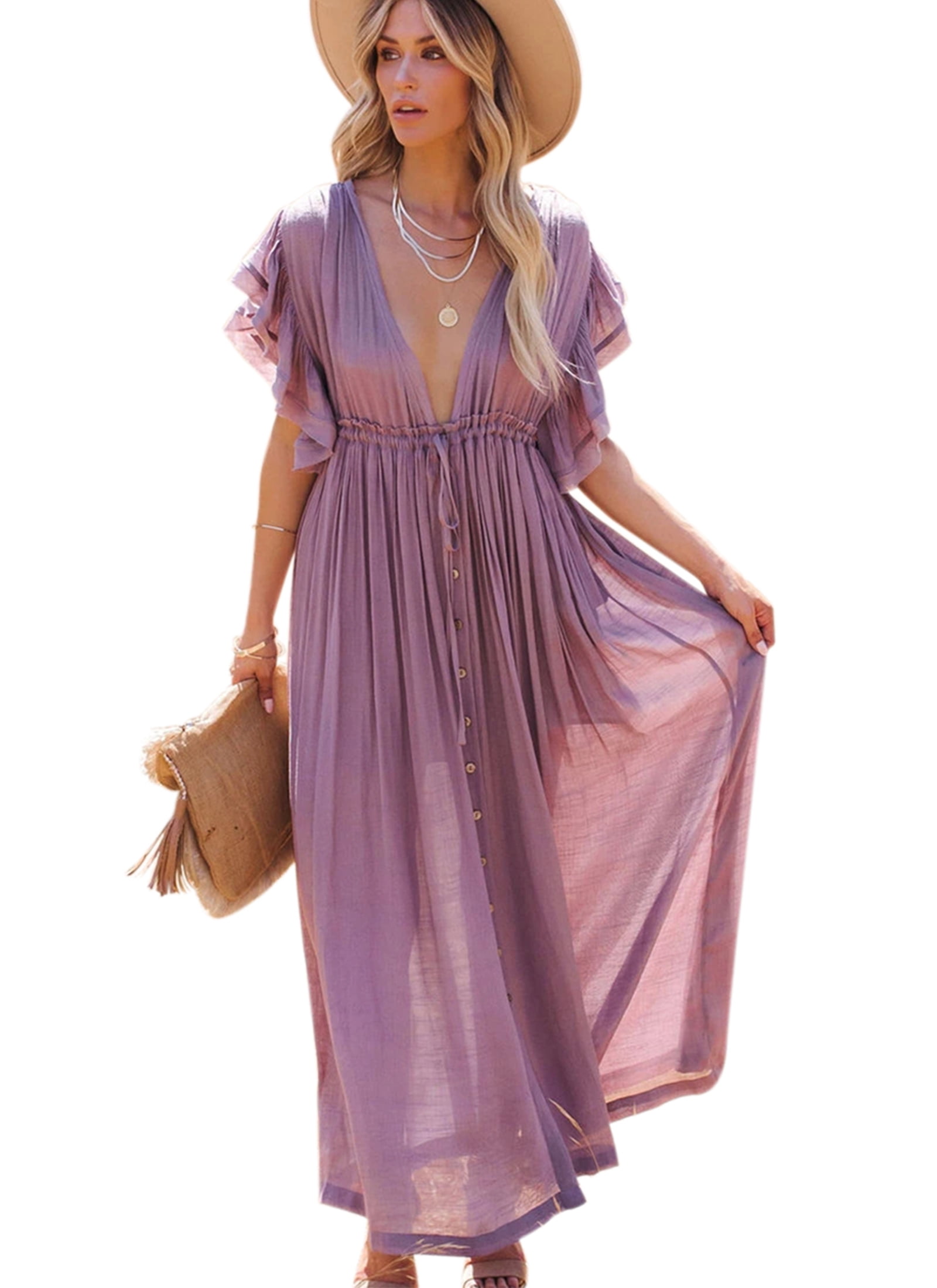 EDOLYNSA Women's V Neck Bikini Cover Up Summer Maxi Beach Dress High ...